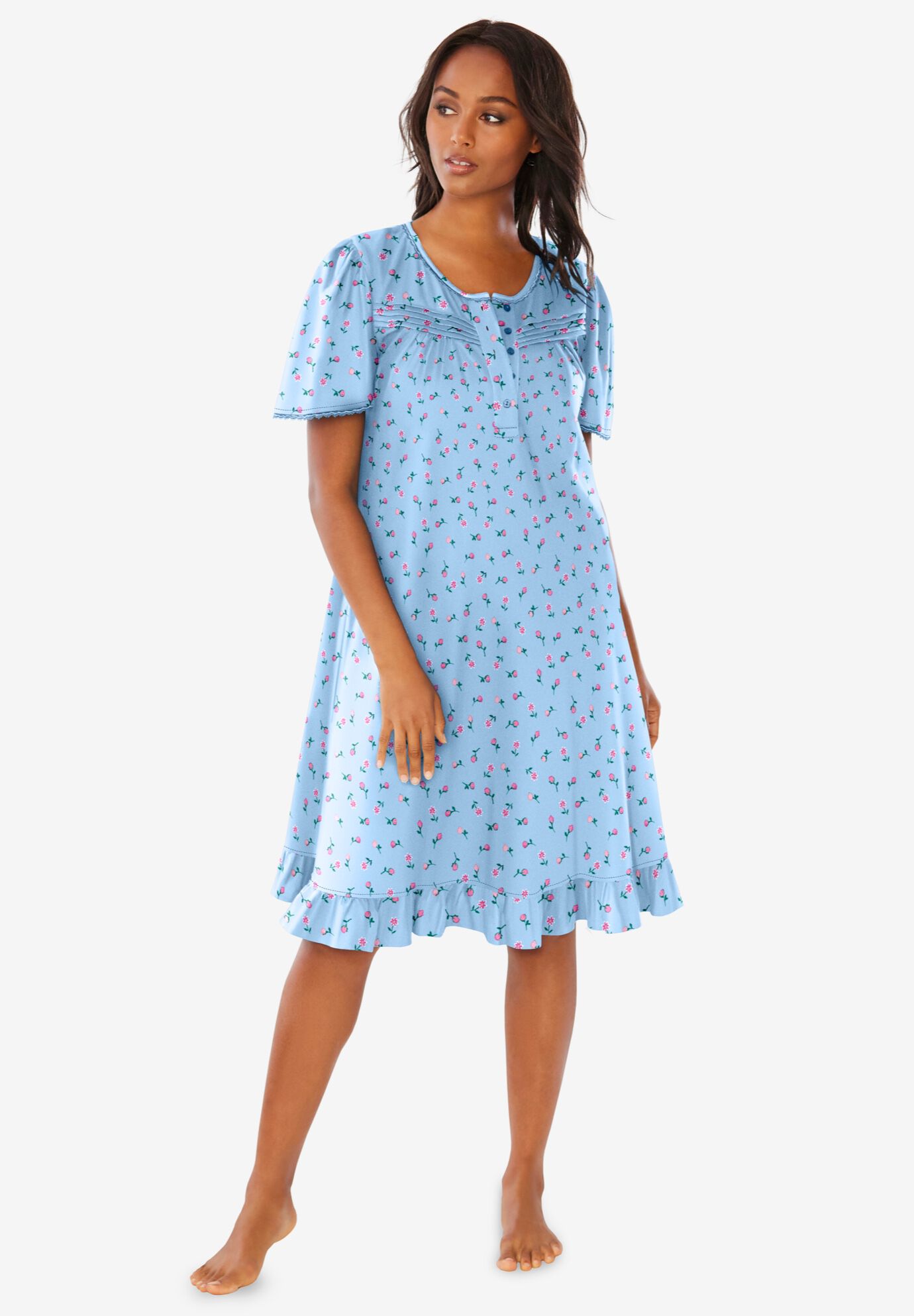 Floral Cotton Gown - Short Flutter Sleeve, Deep Teal Ditsy | Woman Within