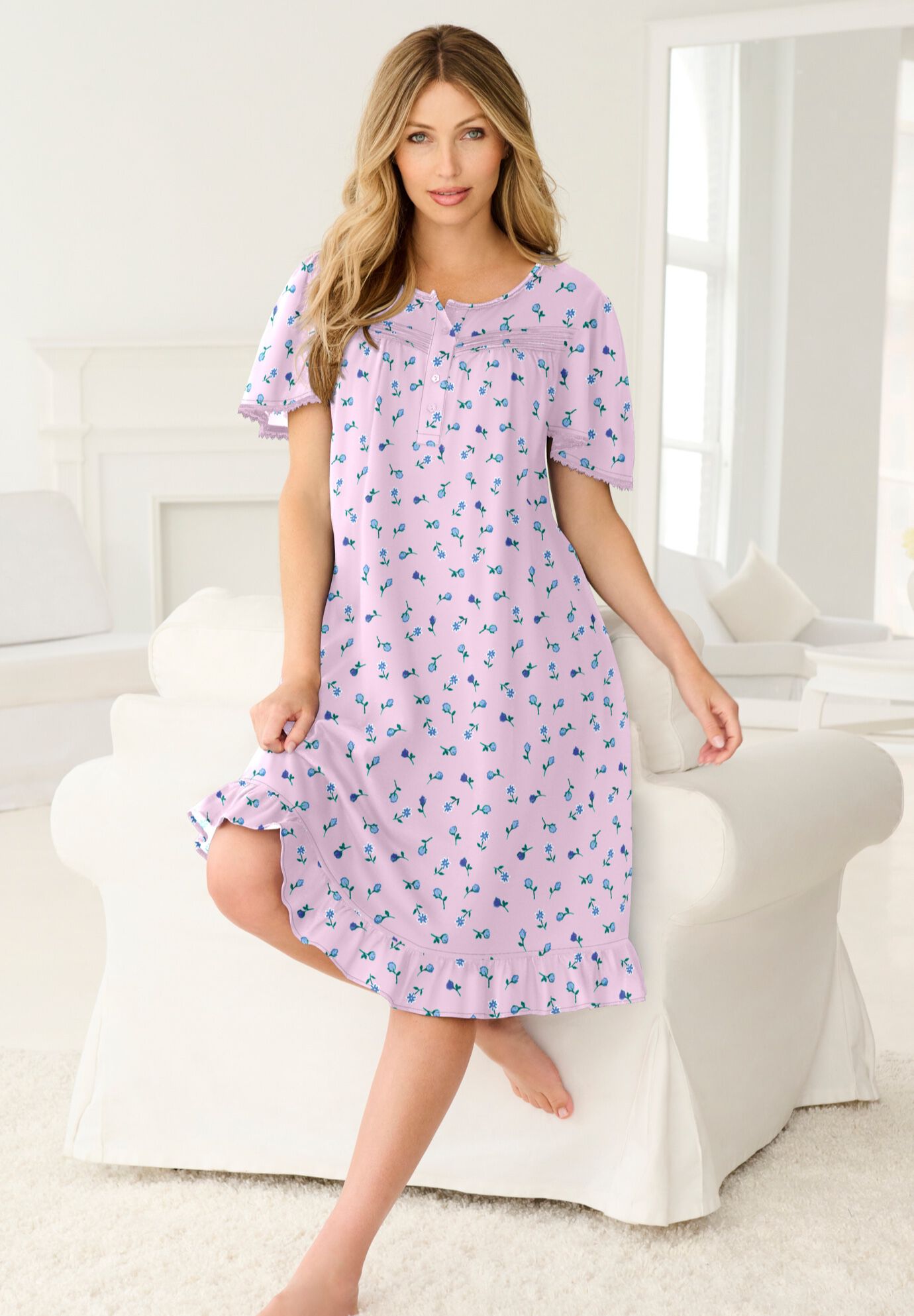 Floral Cotton Gown - Short Flutter Sleeve, Evening Blue Flowers | Woman ...