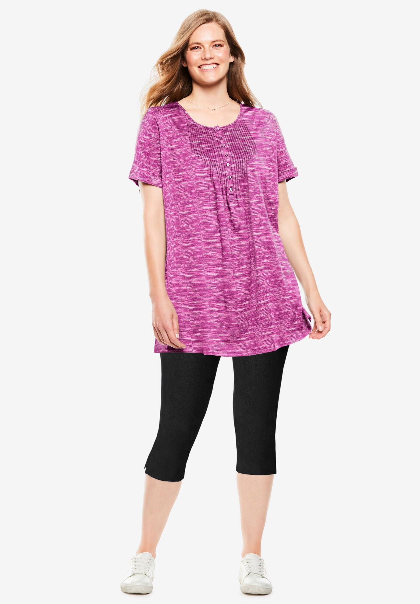 Short-Sleeve Pintucked Henley Tunic for Women, Navy Patchwork Stripe ...