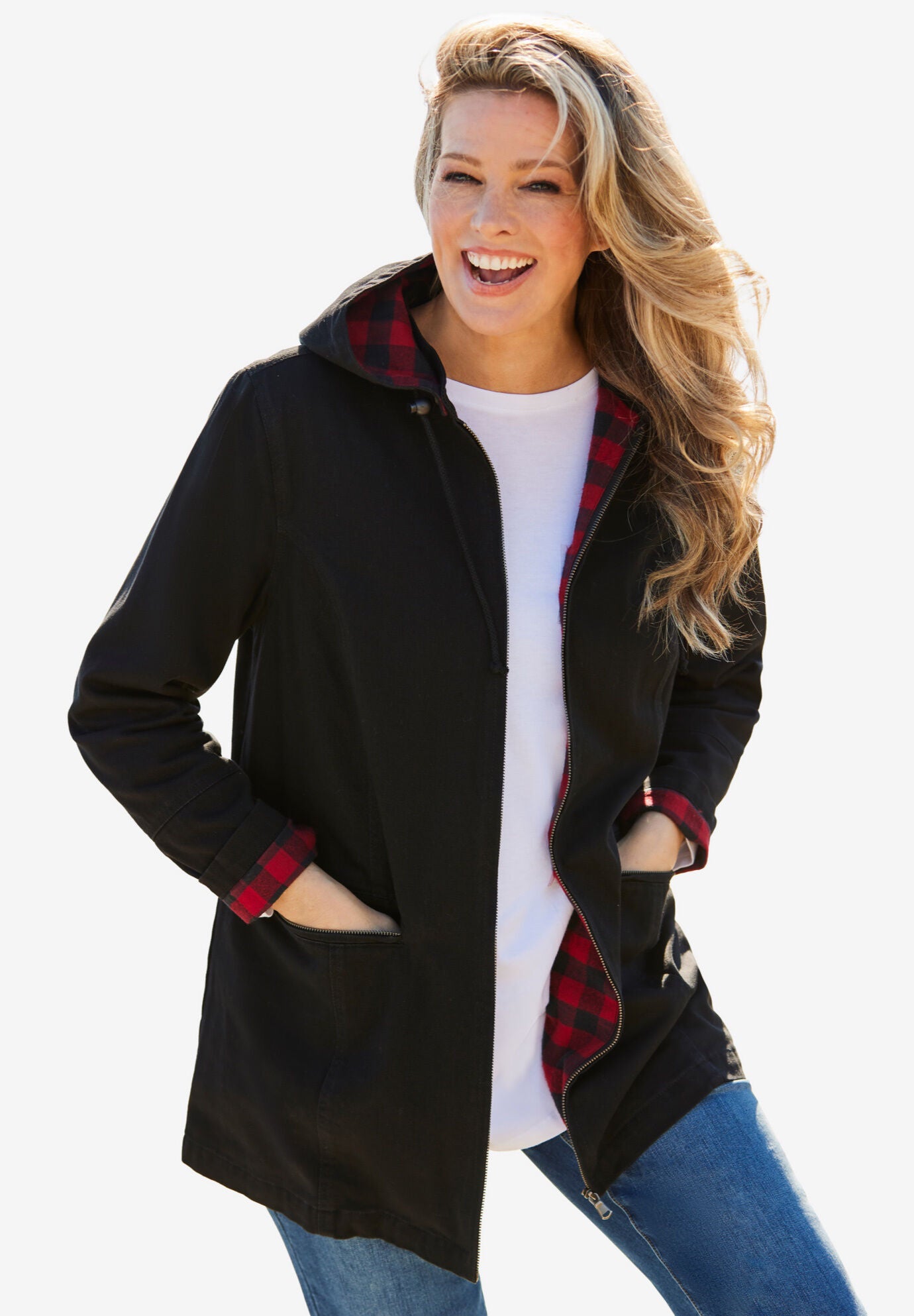 Flannel-Lined Denim Jacket with Detachable Hood, Black Twill Plaid ...