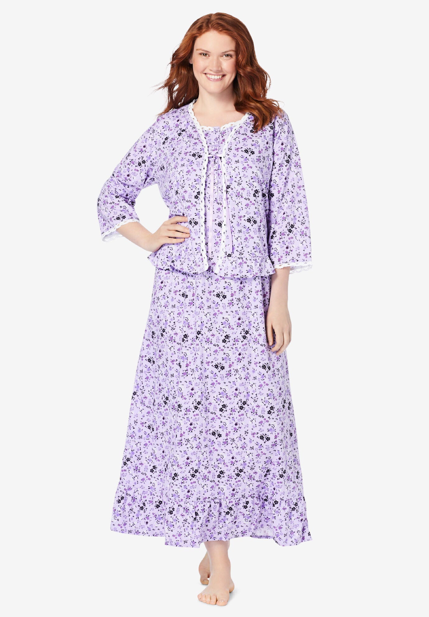 Nightgown & Bed Jacket Set - Cotton Sleepwear, Evening Blue Daisy ...