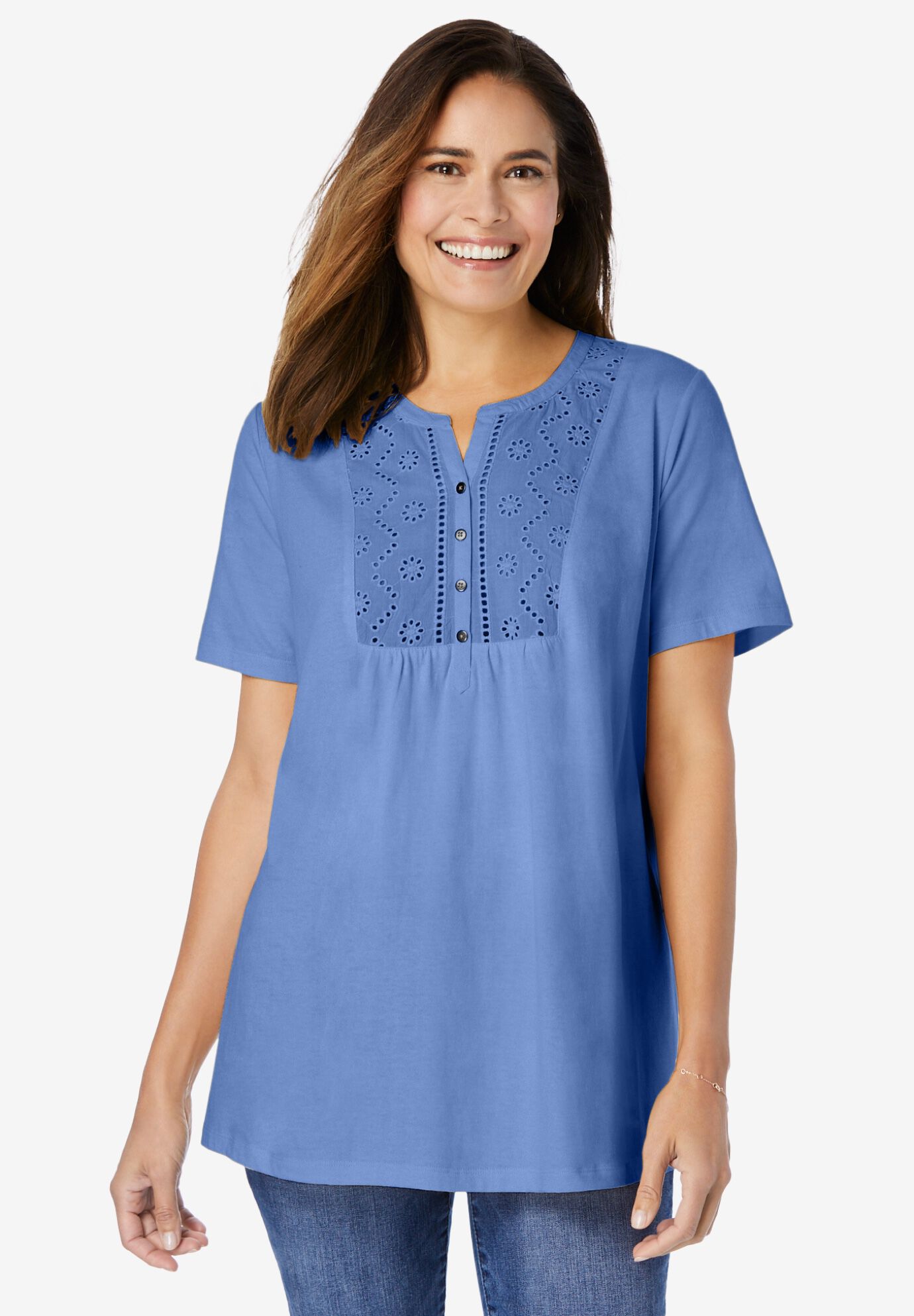 Eyelet Henley Tee - Feminine Embroidered Top, French Blue | Woman Within