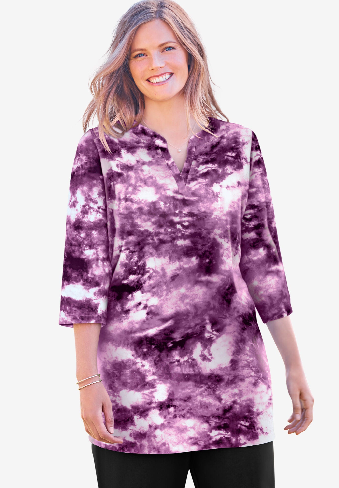 Three-Quarter Sleeve Notch-Neck Tunic | Woman Within