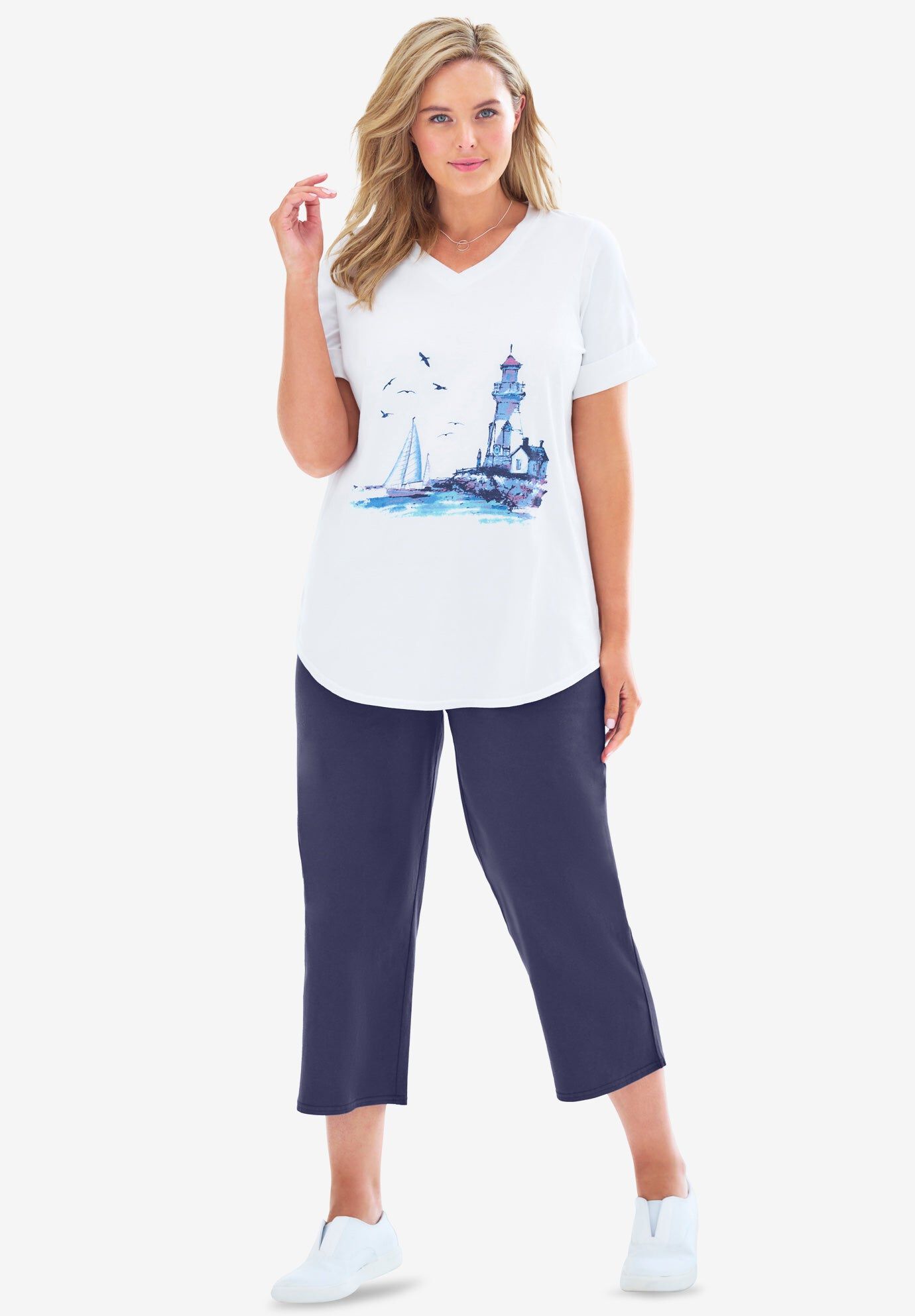 V-Neck Tunic & Capri Set - Relaxed Knit, Navy Seaside | Woman Within
