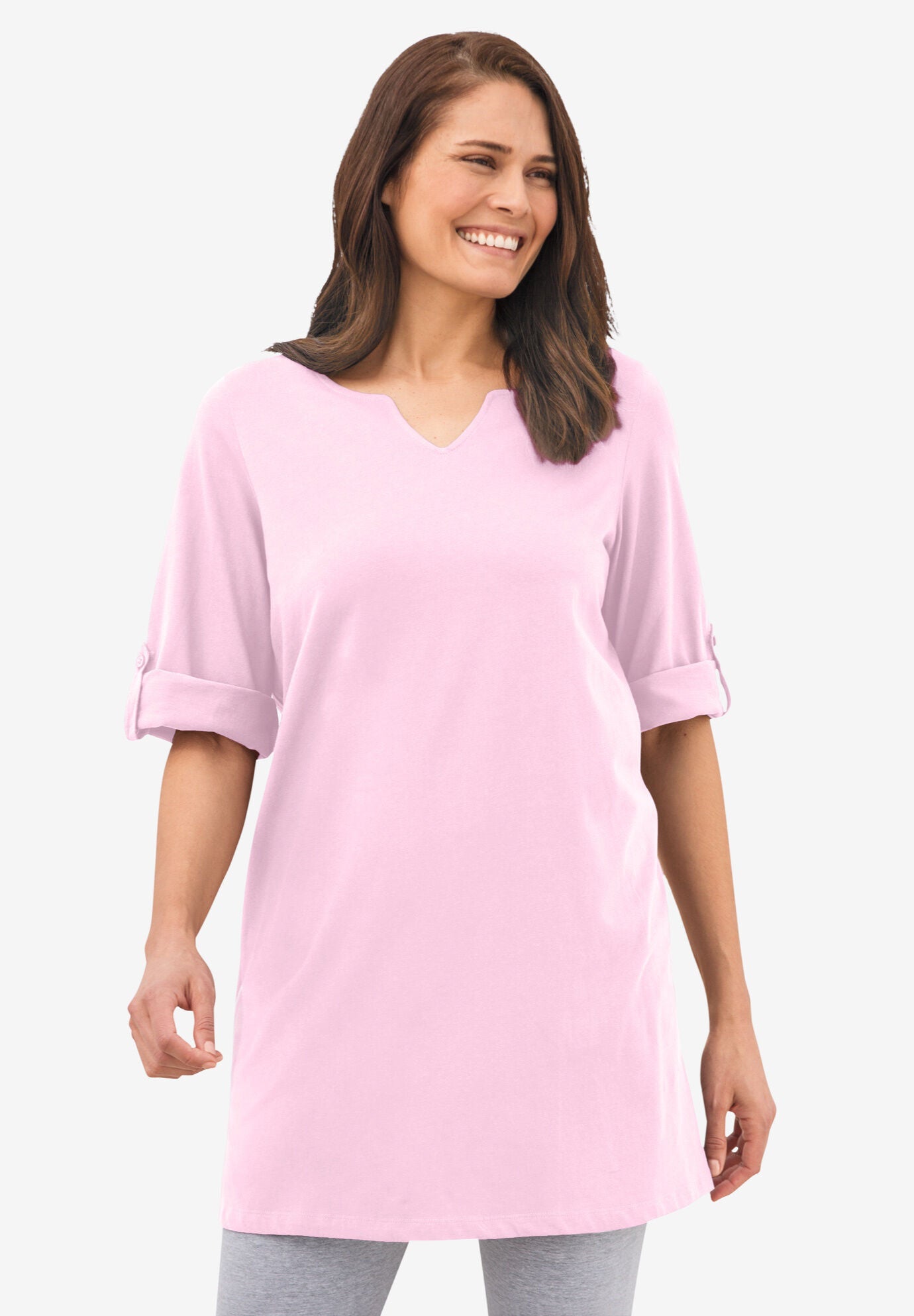 Roll-Tab Sleeve Notch-Neck Tunic for Women, Pink | Woman Within