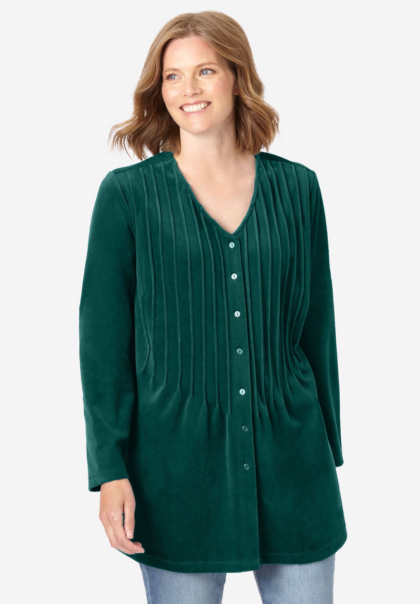 Velour Pintuck Tunic - Knit A-Line Shirt, Emerald Green | Woman Within