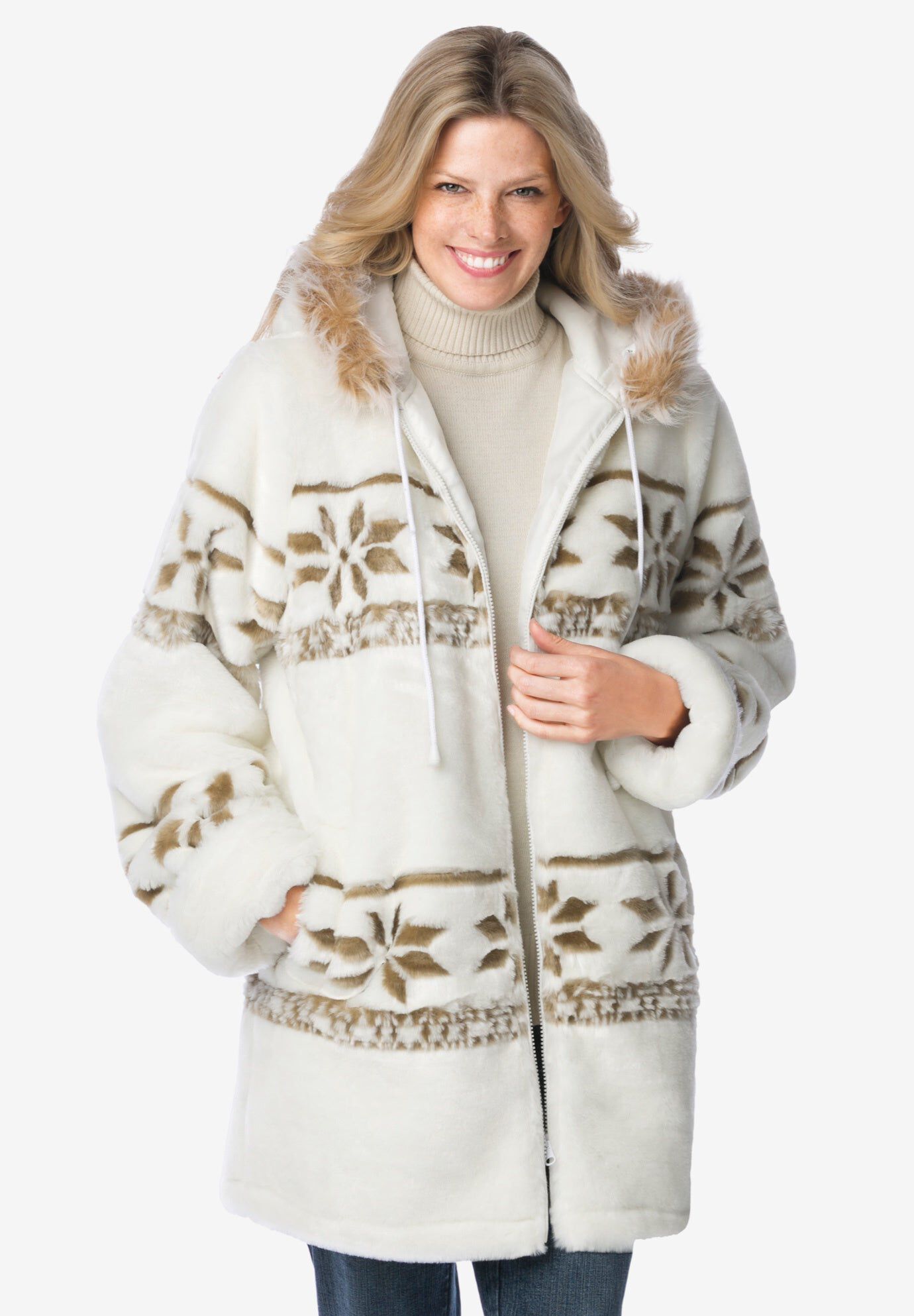 Faux Fur Snowflake Print Hooded Jacket, Ivory Snowflake Fair Isle ...