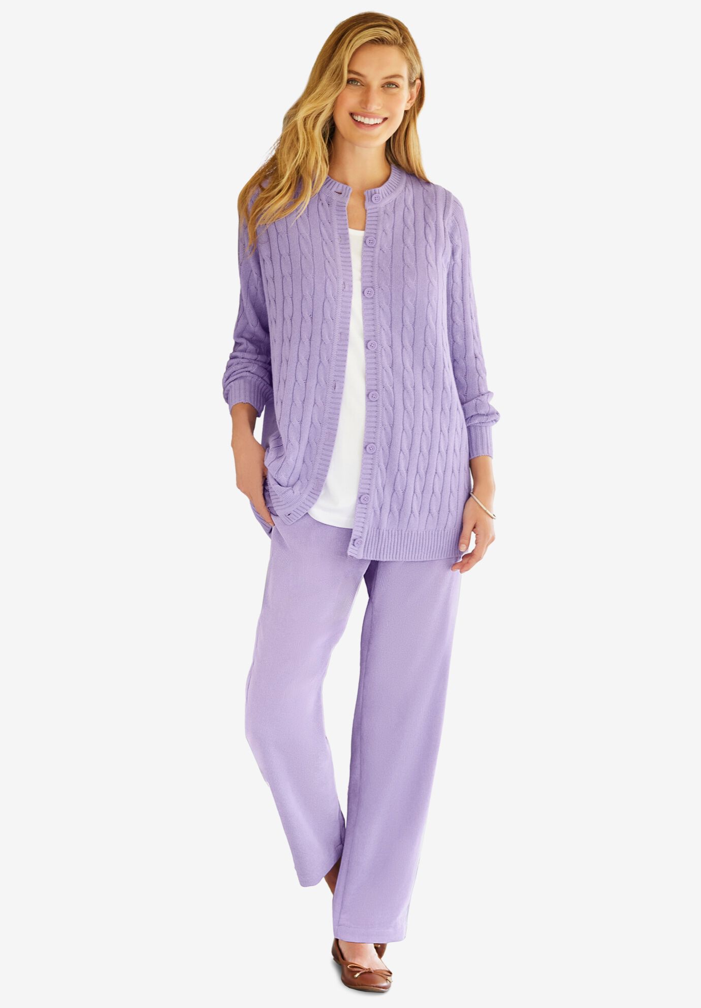 Cable Knit Cardigan Sweater - Pure Cotton, Evening Blue | Woman Within