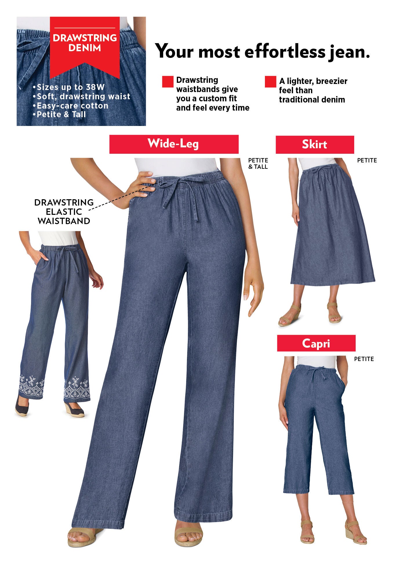 Drawstring Denim Skirt - A-line, Full Elastic Waist, Light Wash | Woman ...