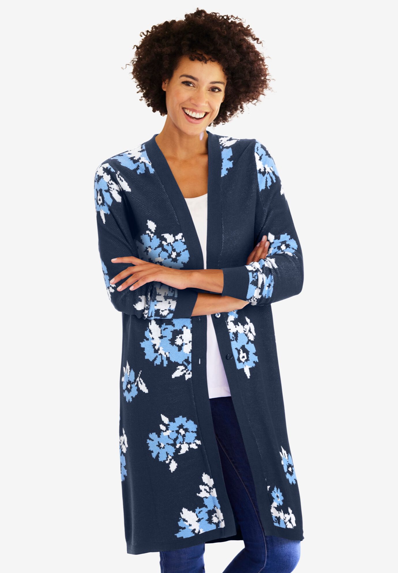 Cotton Duster with Front Pockets, Long Fit, Navy Stamp Floral | Woman ...