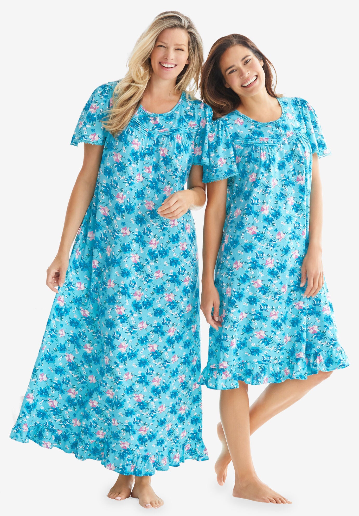 Floral Cotton Gown - Short Flutter Sleeve, Evening Blue Flowers | Woman ...