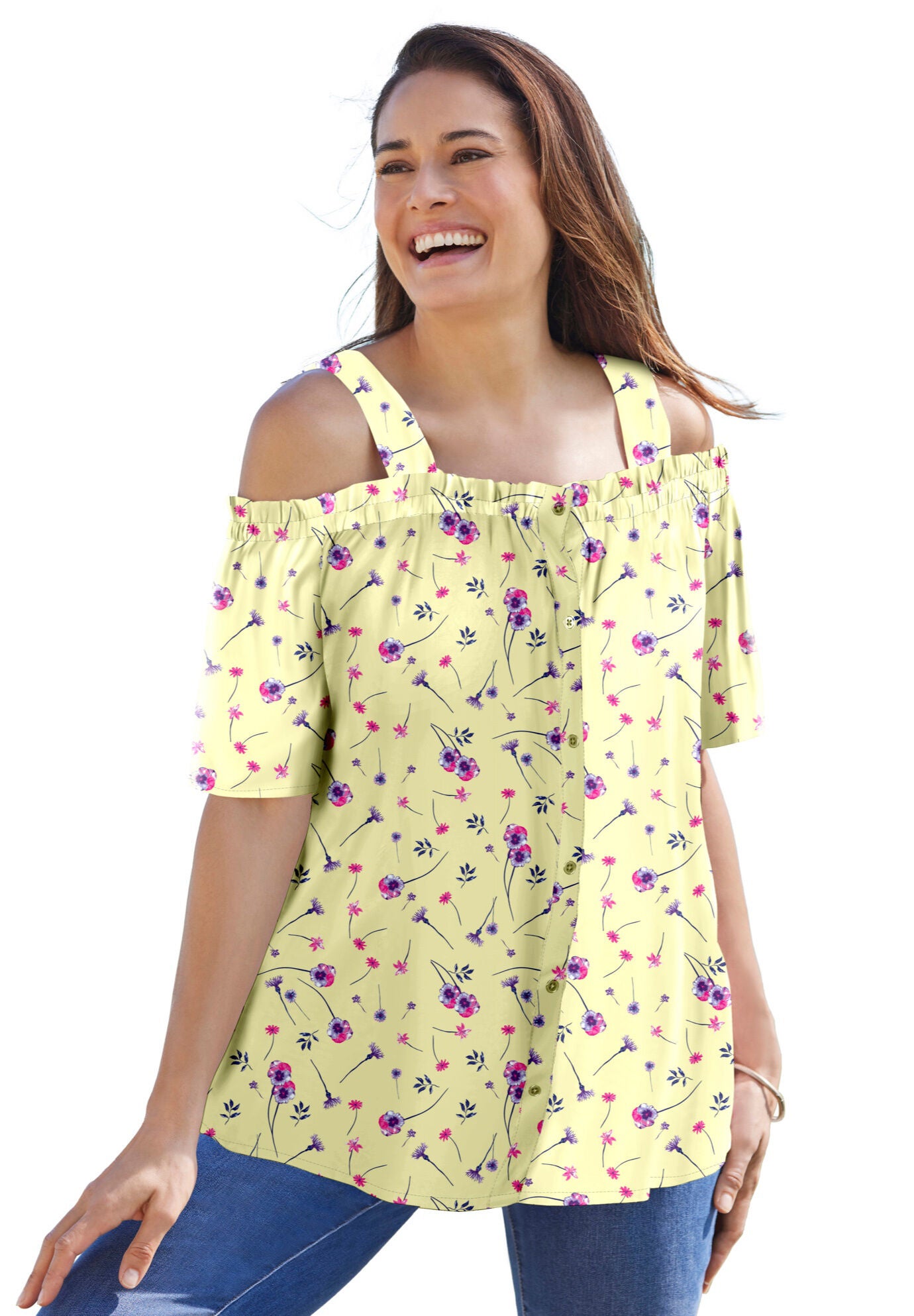 Printed Cold-Shoulder Blouse - Rayon Design, White Garden Print | Woman ...