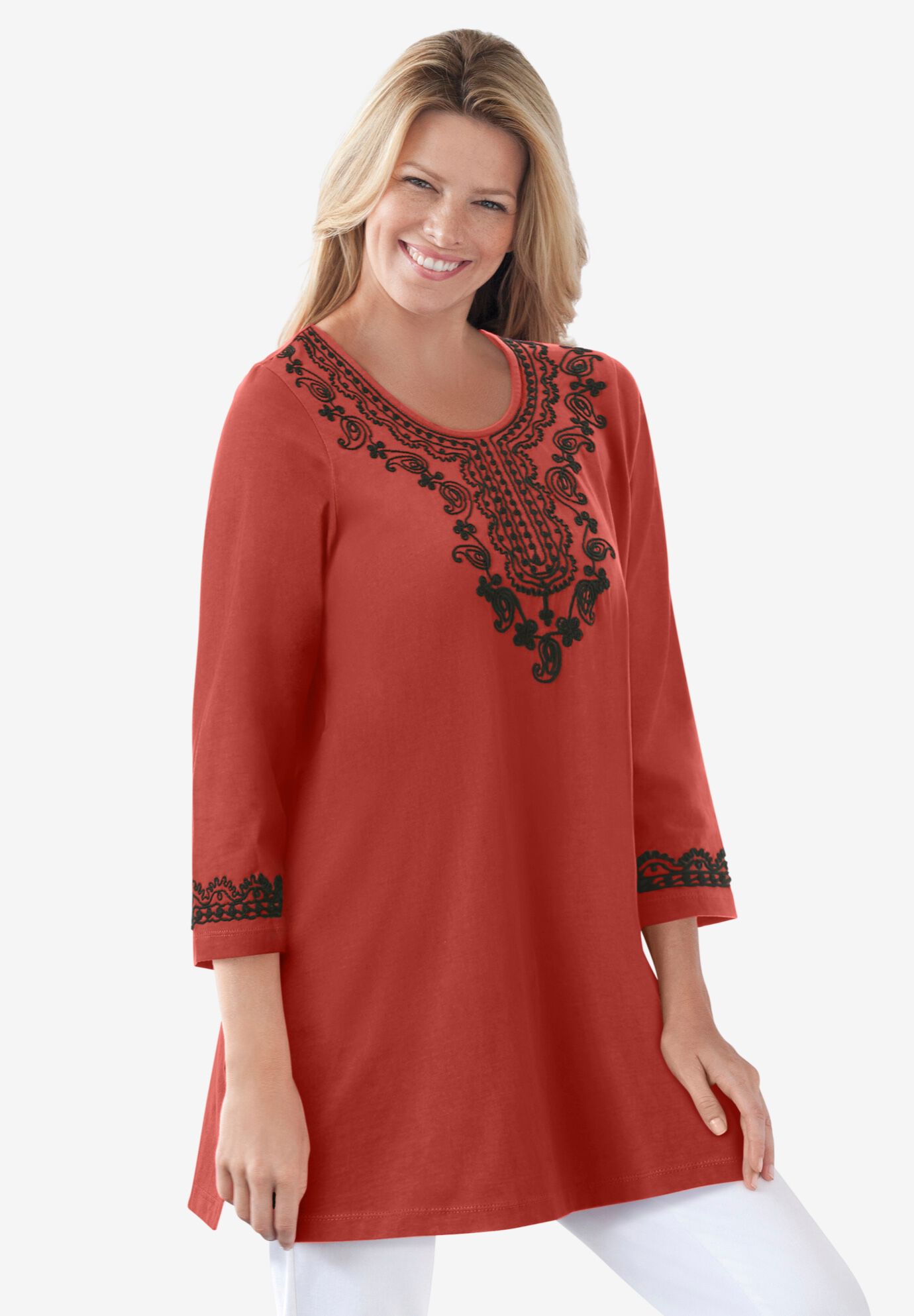 Embroidered Knit Tunic - Relaxed Fit Tunic, Chocolate | Woman Within