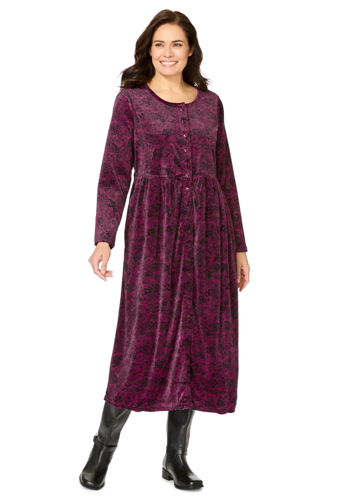 21-Button Velour Dress - Soft Velour Fabric, Deep Claret Floral Paisley ...