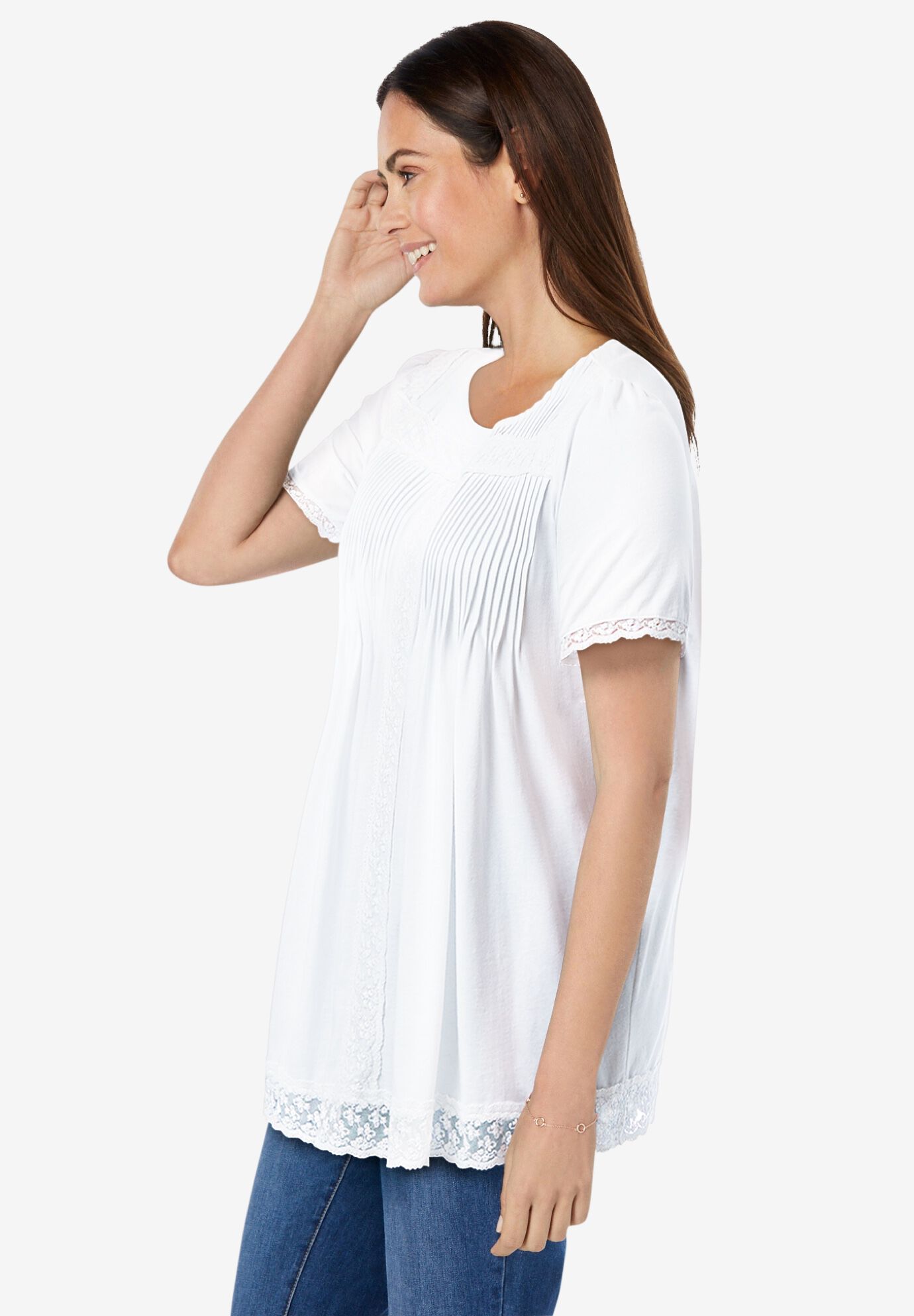 Lace-Trim Pintucked Tunic for Women, White | Woman Within