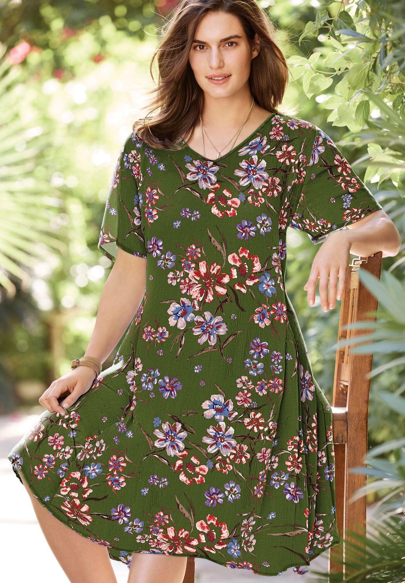 Flared V-Neck Short Crinkle Dress, Primrose Yellow Leaf | Woman Within