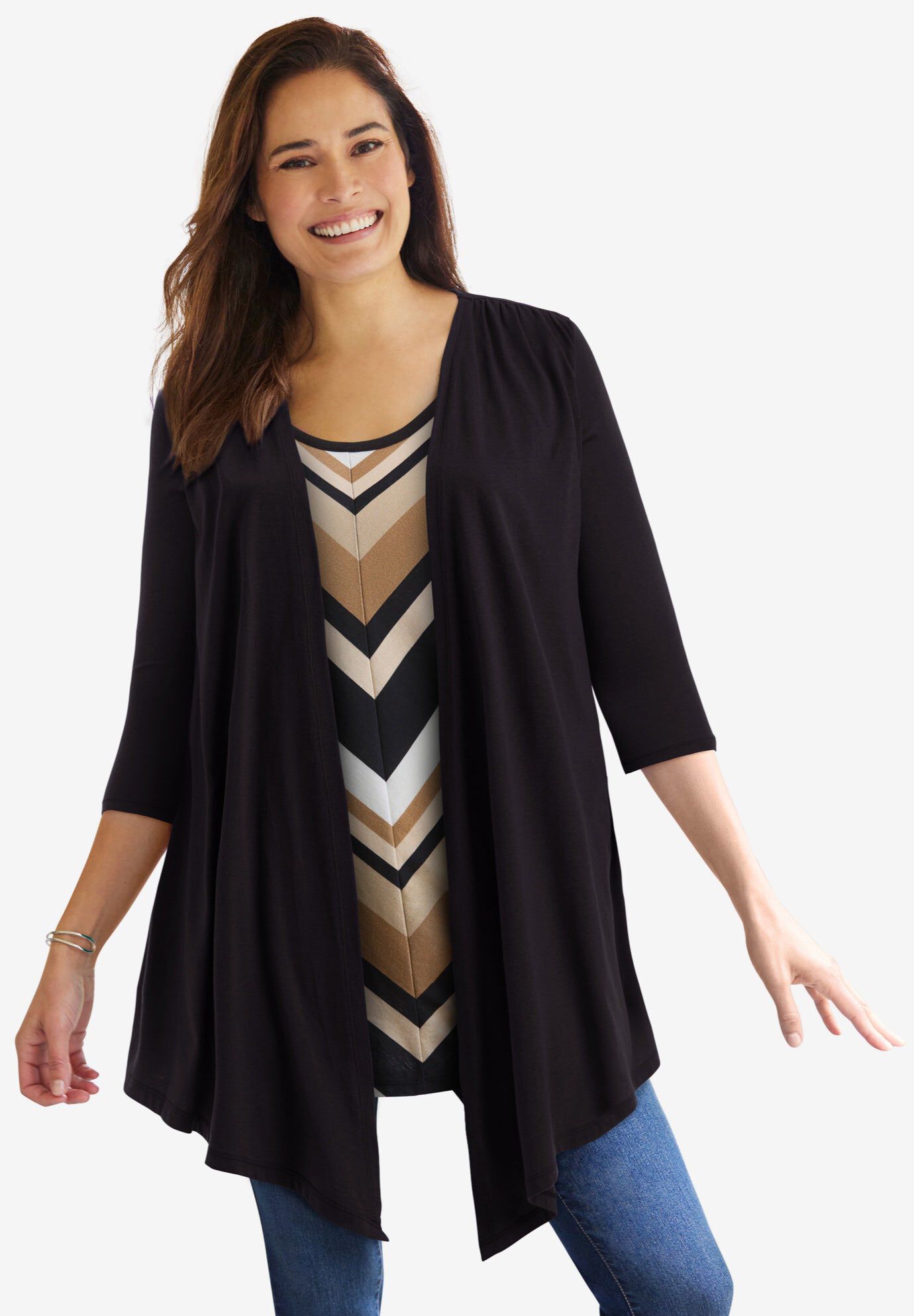 Plus-Size Draped Tunic with Attached Cardigan, Black Khaki Bias Stripe ...