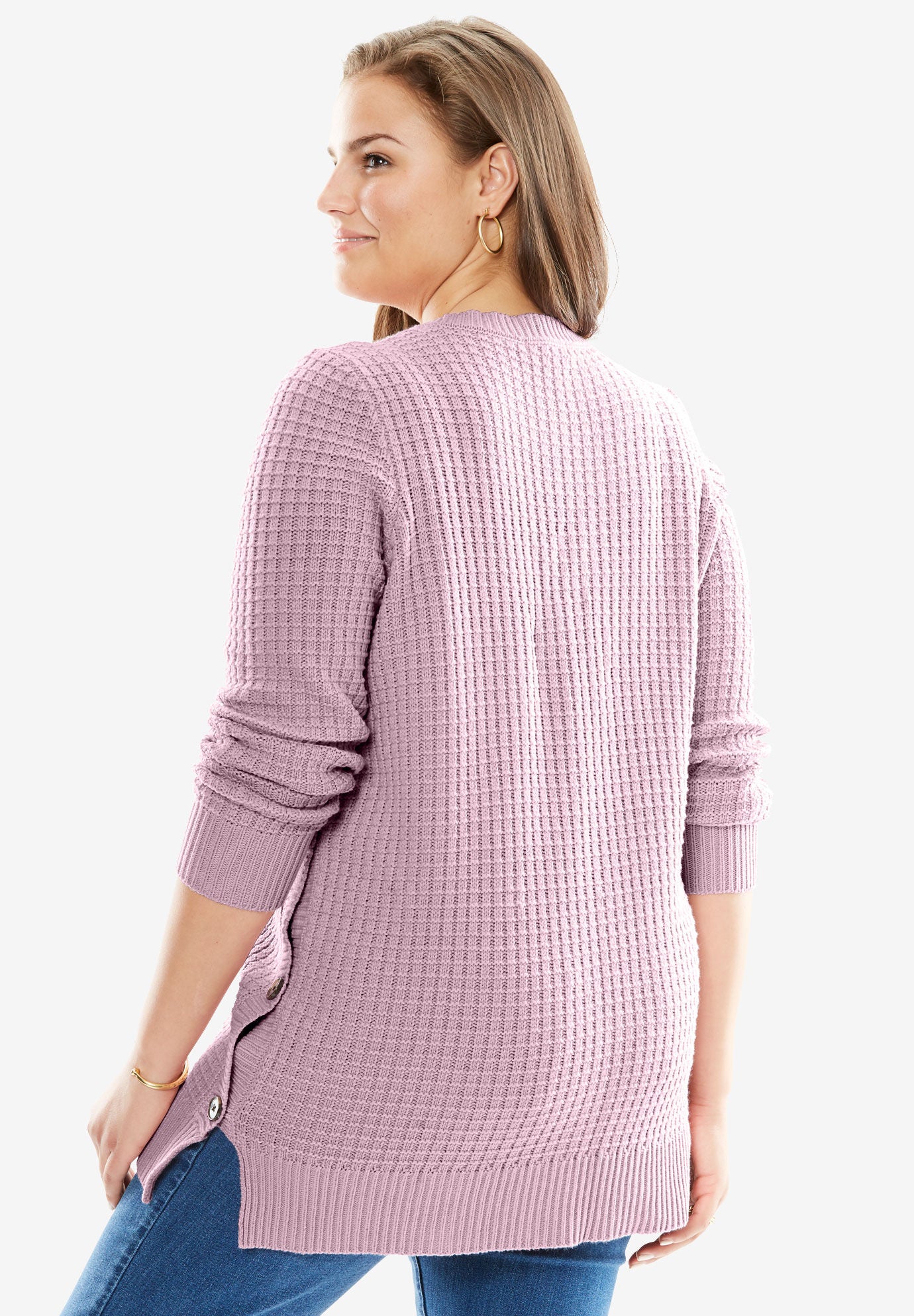 Side Button Waffle Knit V-Neck Sweater, Pink | Woman Within