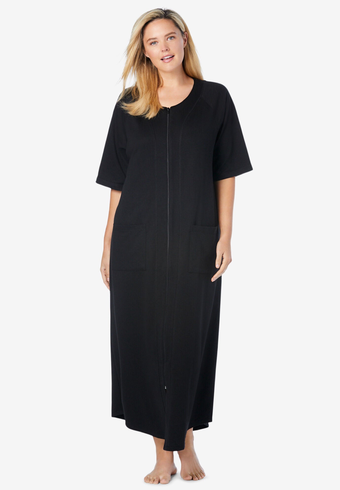 French Terry Robe - Long Zip-Front Style, Black | Woman Within