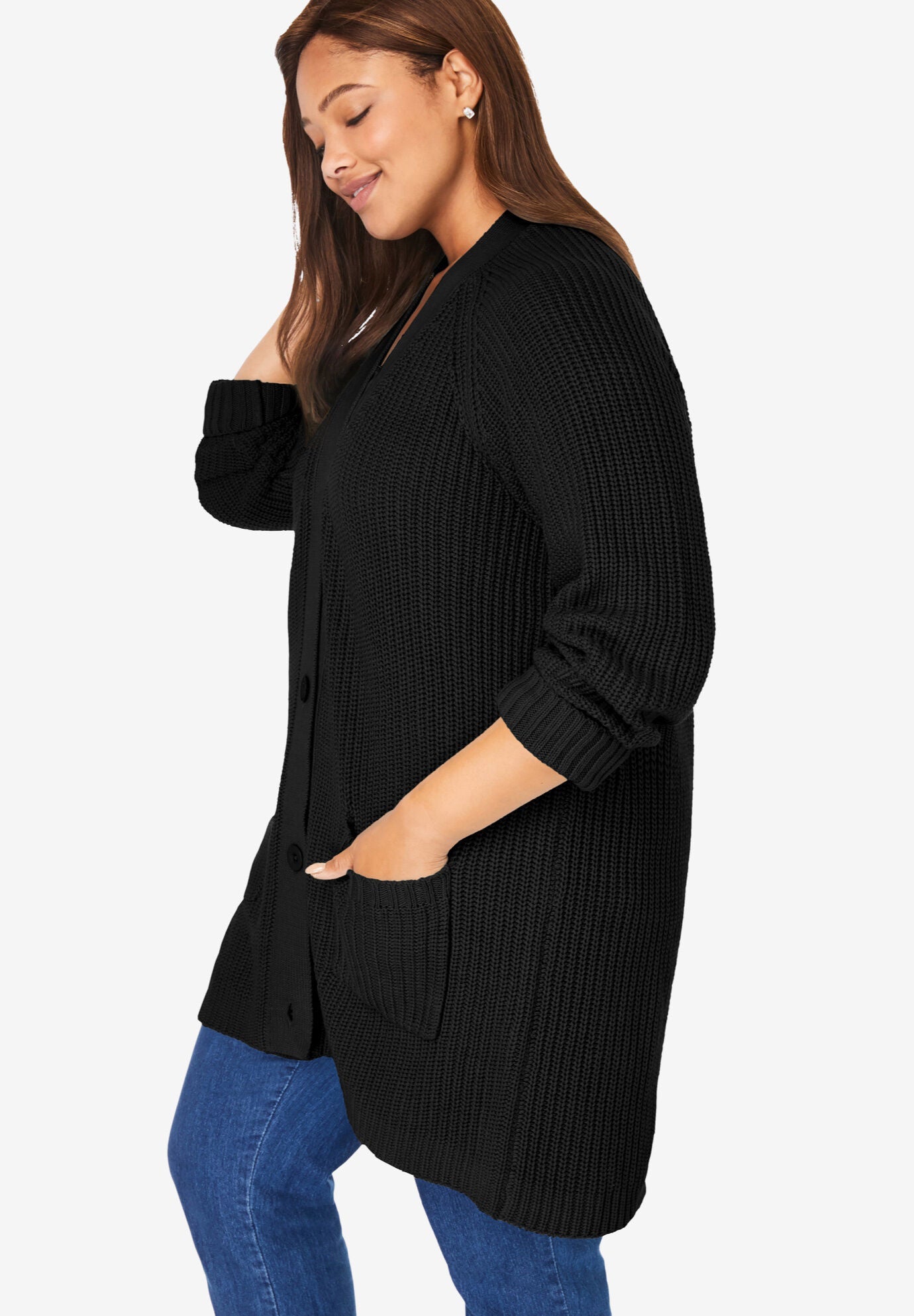 Button-Front Shaker Cardigan - Plus Size Sweater, Black | Woman Within