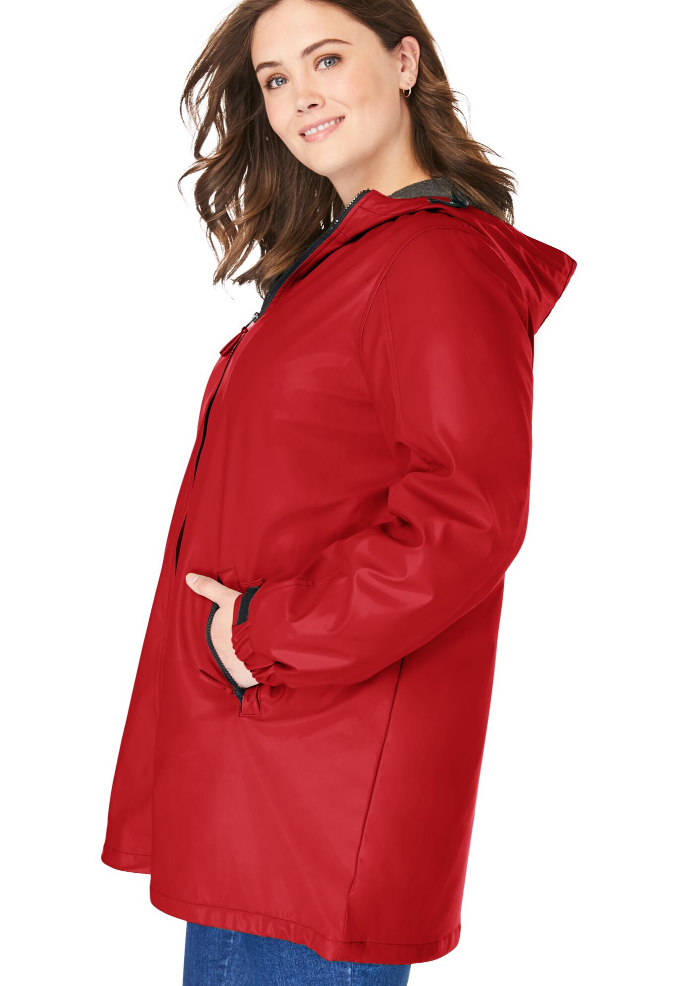 Waterproof Hooded Slicker Raincoat Freeport, Classic Red | Woman Within