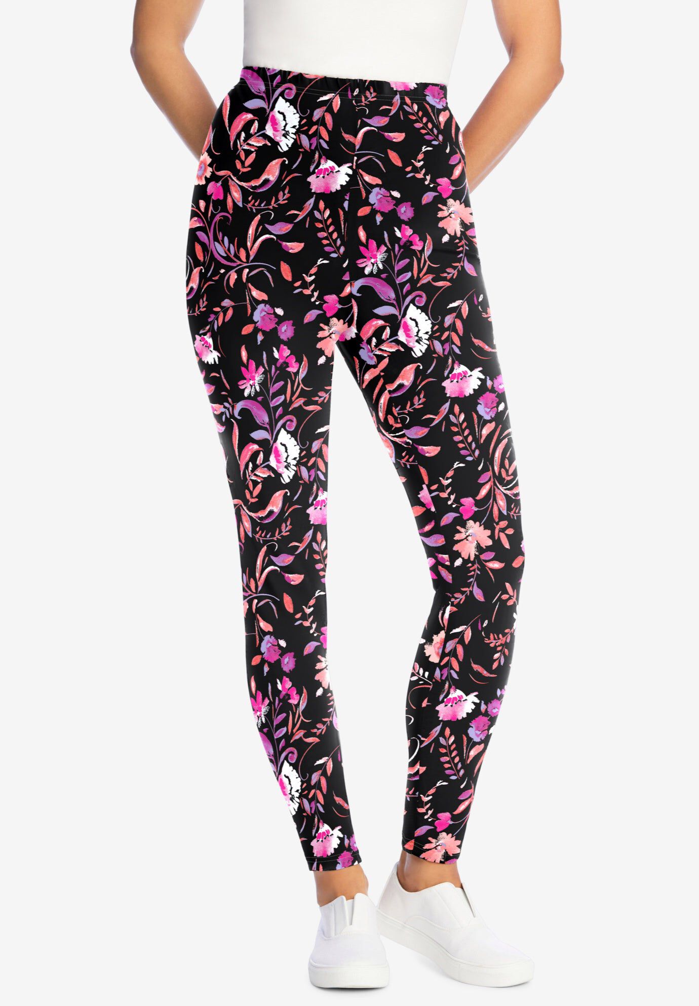Stretch Cotton Printed Legging - Knit Athleisure, Black Multi Florals ...