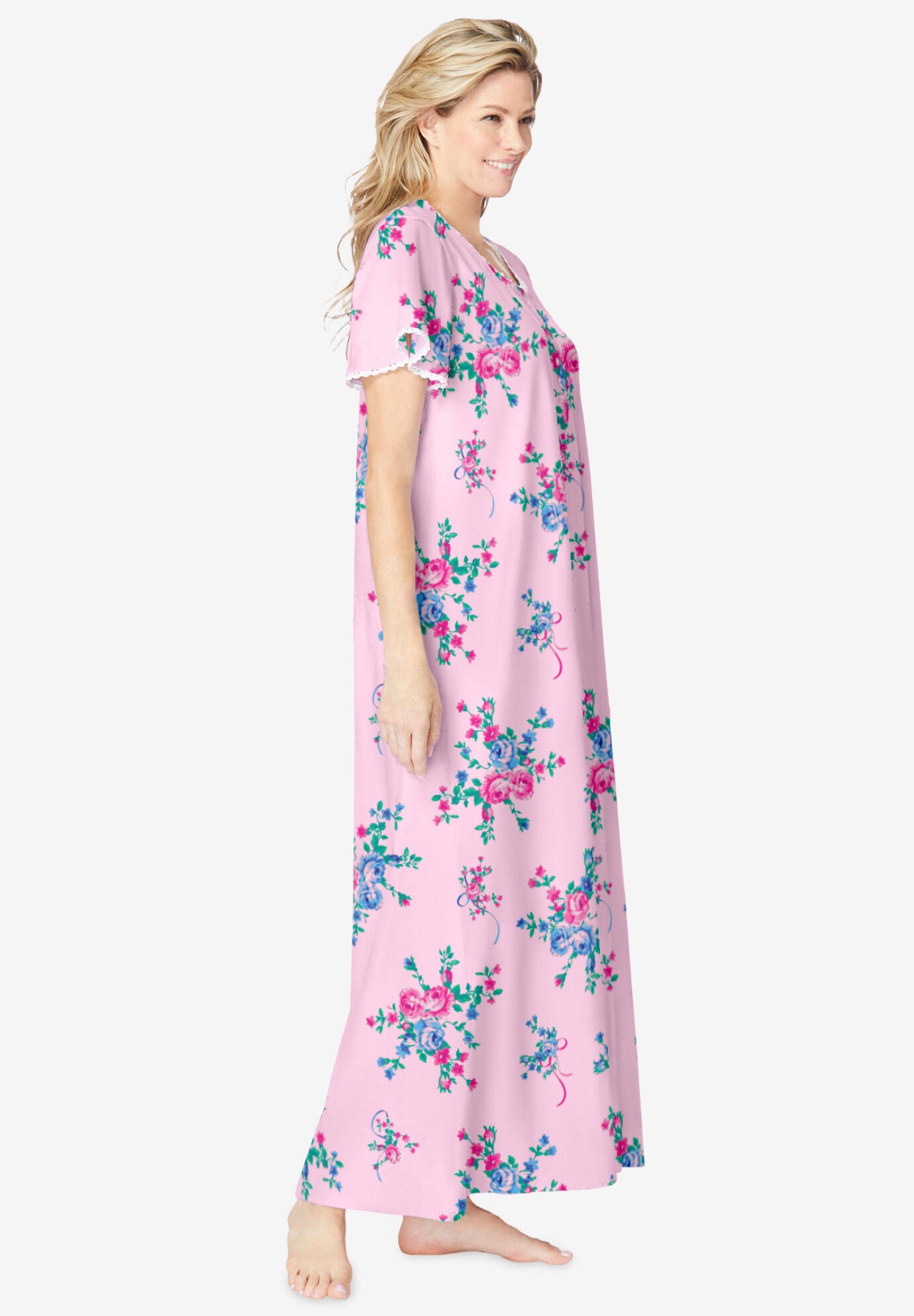 Long Pintuck Knit Gown with Lace Details, White Floral | Woman Within