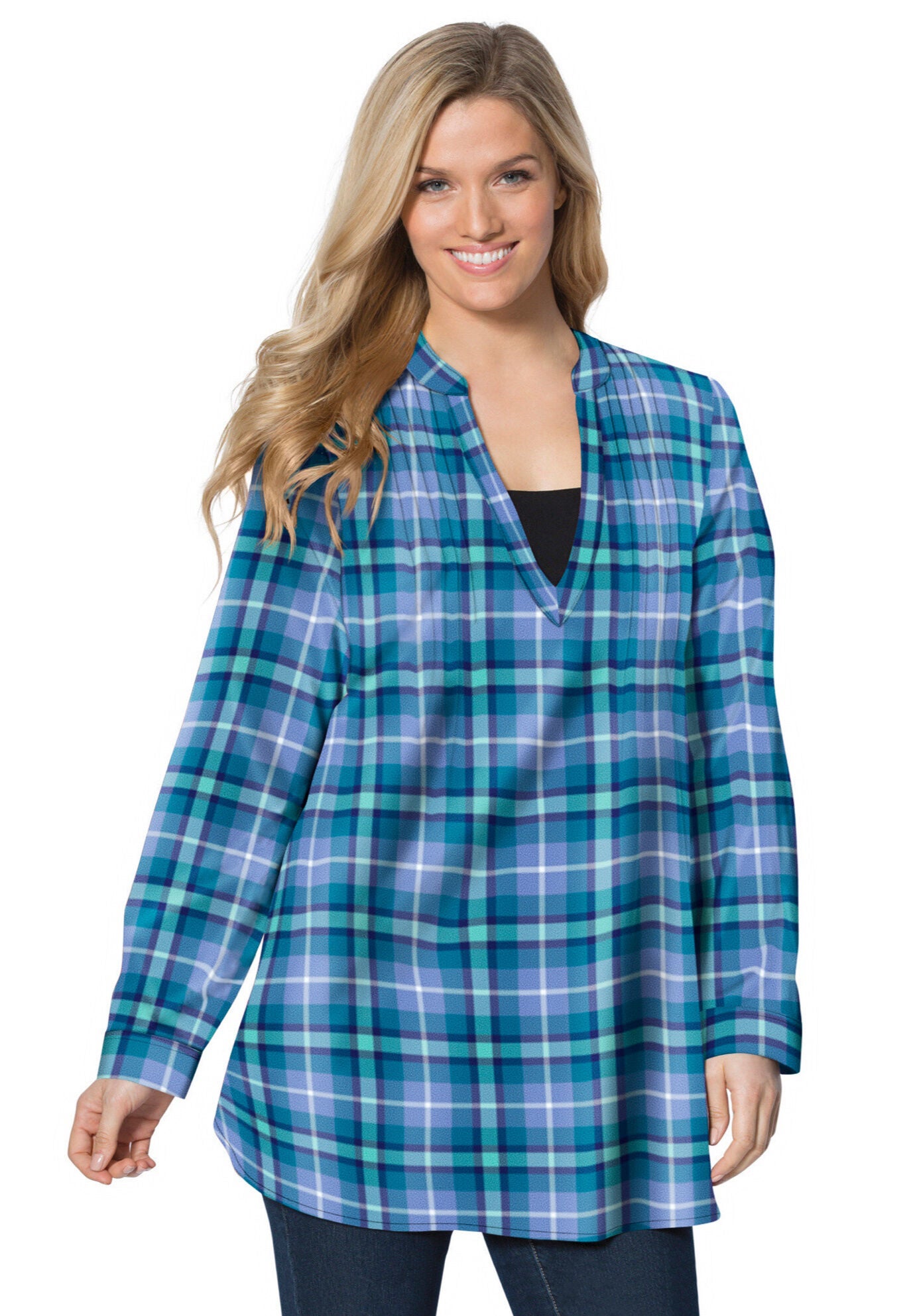 Flannel Tunic with Layered Look - Plus Size, French Blue Cozy Plaid ...