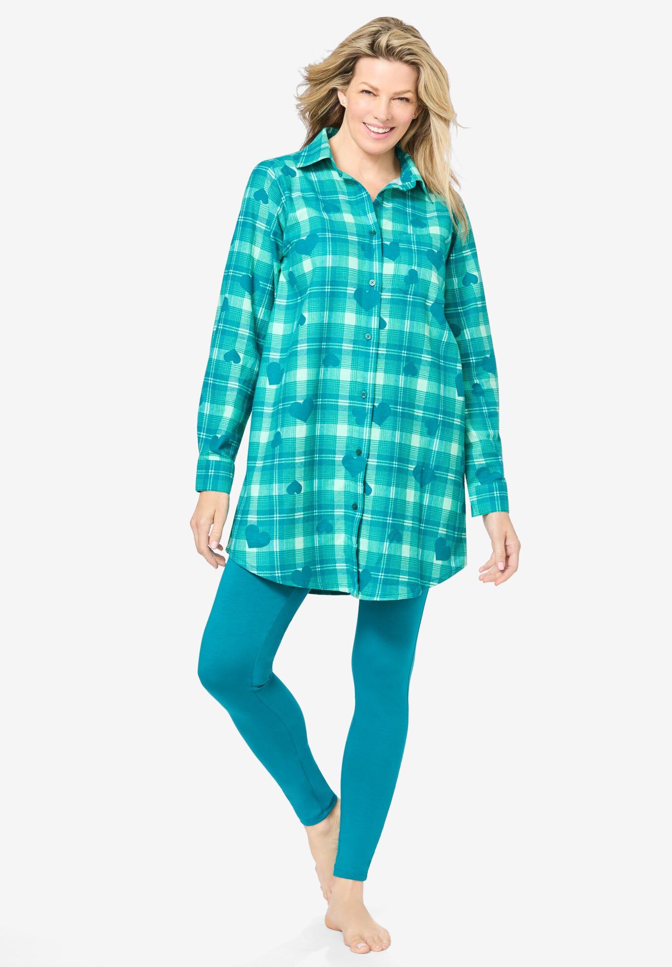 Plaid PJ Set - Relaxed Tunic & Sleek Leggings, Deep Teal Plaid Heart ...