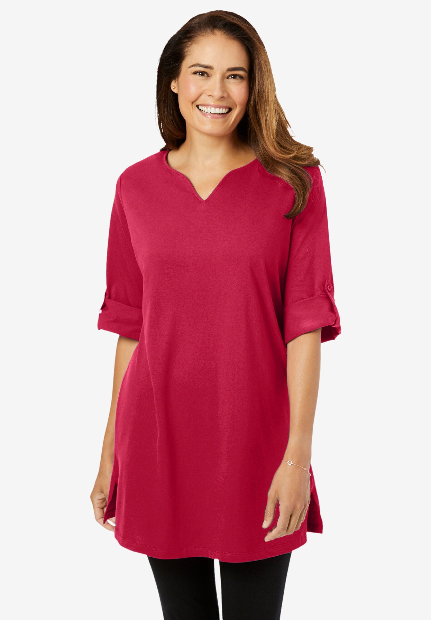 Roll-Tab Sleeve Notch-Neck Tunic for Women, Classic Red | Woman Within