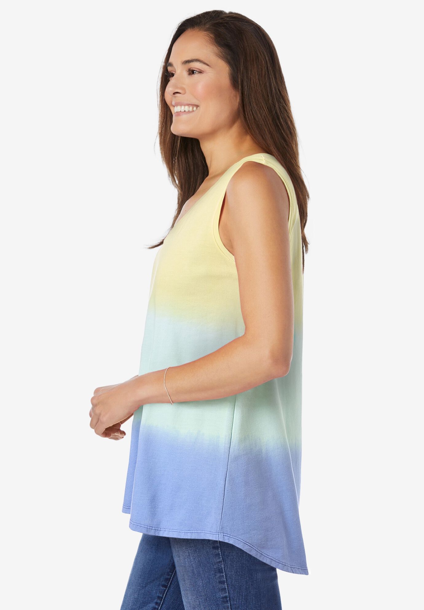 High-Low Tank Top with Tropical Motifs, Multi Dip Dye | Woman Within