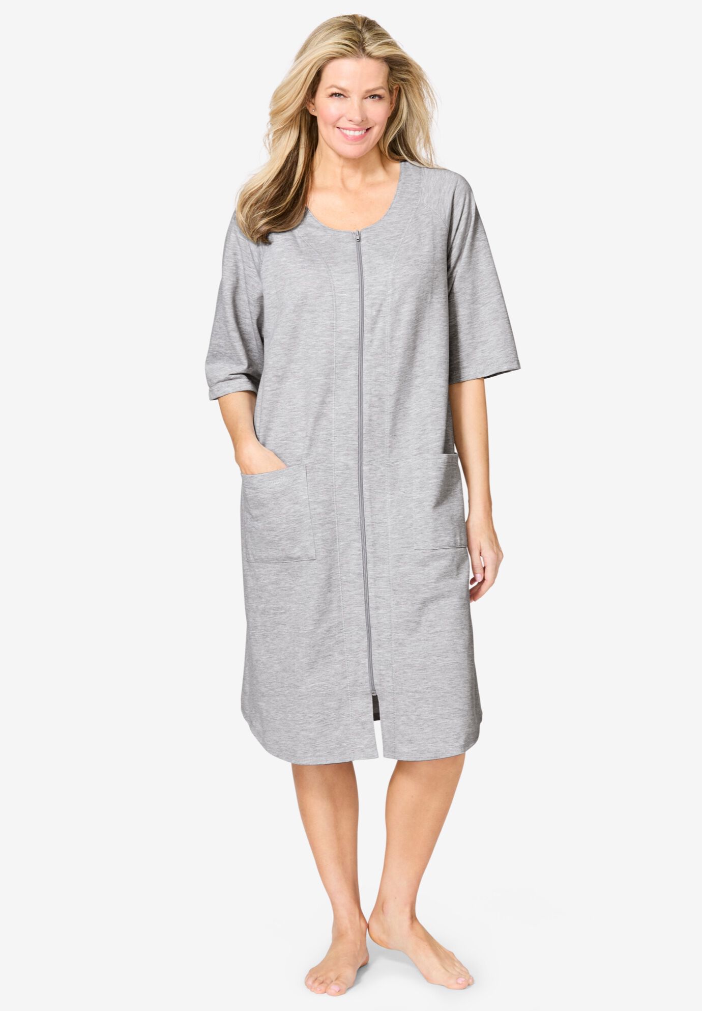 French Terry Short Zip-Front Lounge Robe, Heather Grey | Woman Within