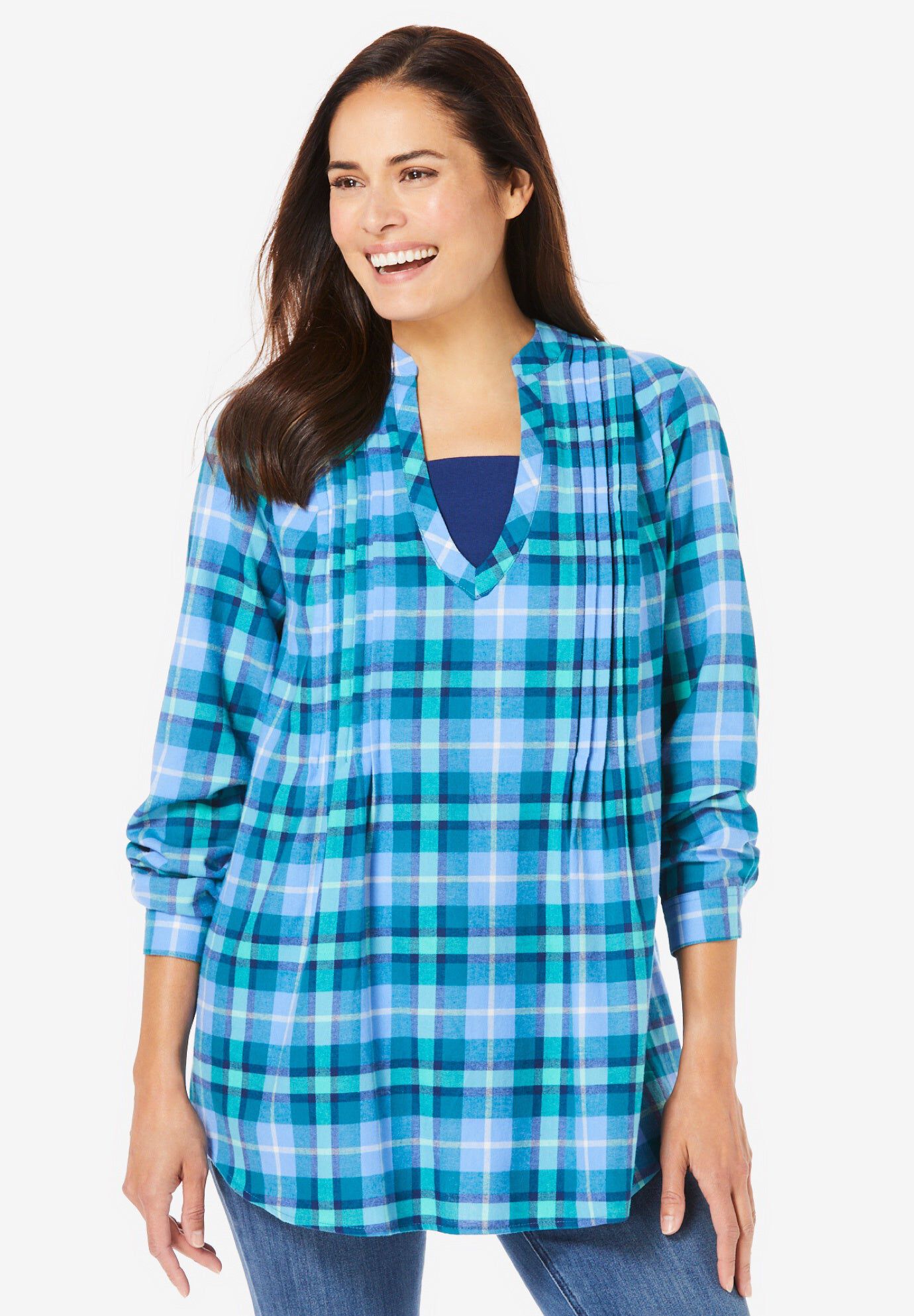 Flannel Tunic with Layered Look - Plus Size, French Blue Cozy Plaid ...