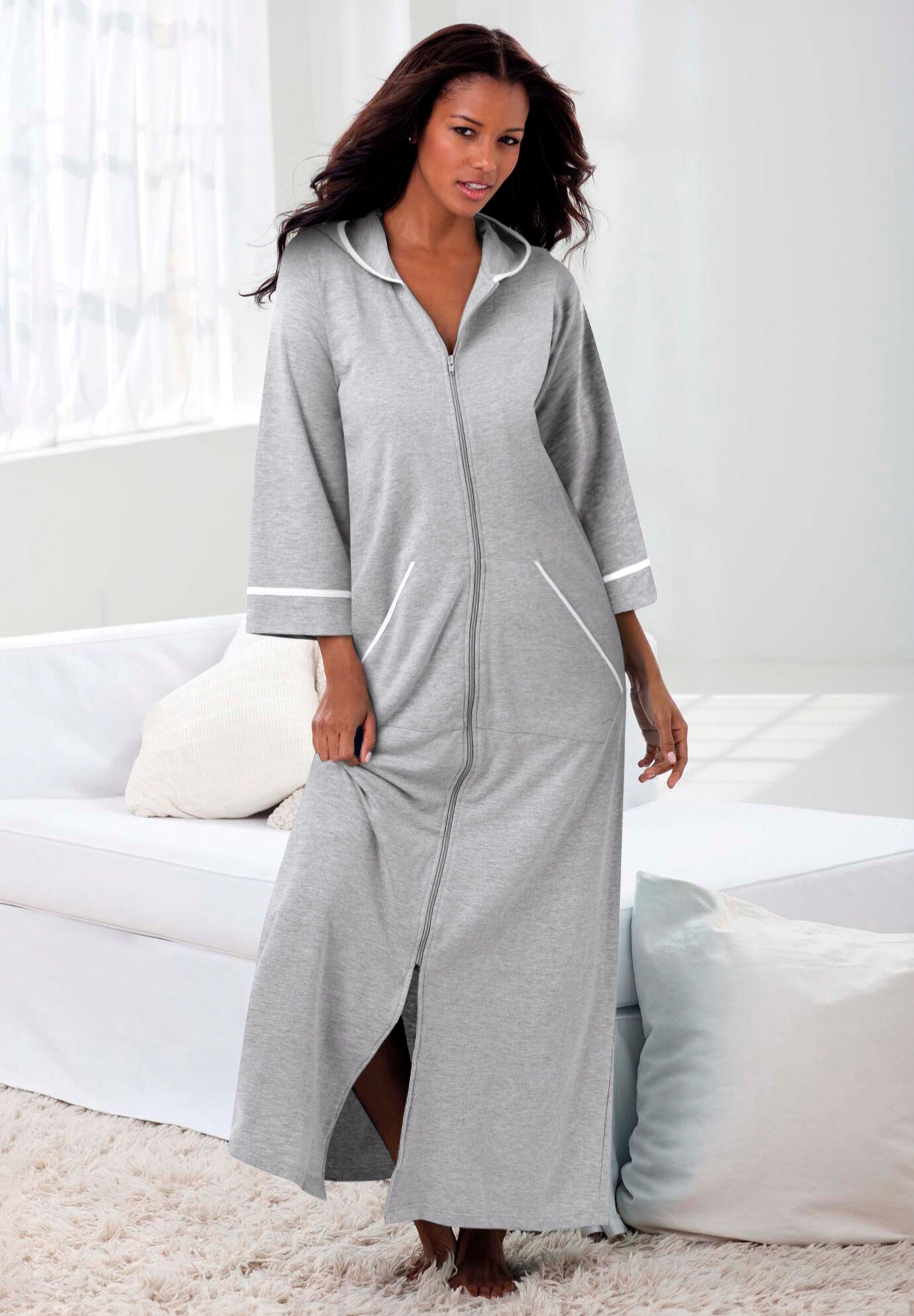 Long French Terry Robe with Hood & Pockets, Heather Grey | Woman Within