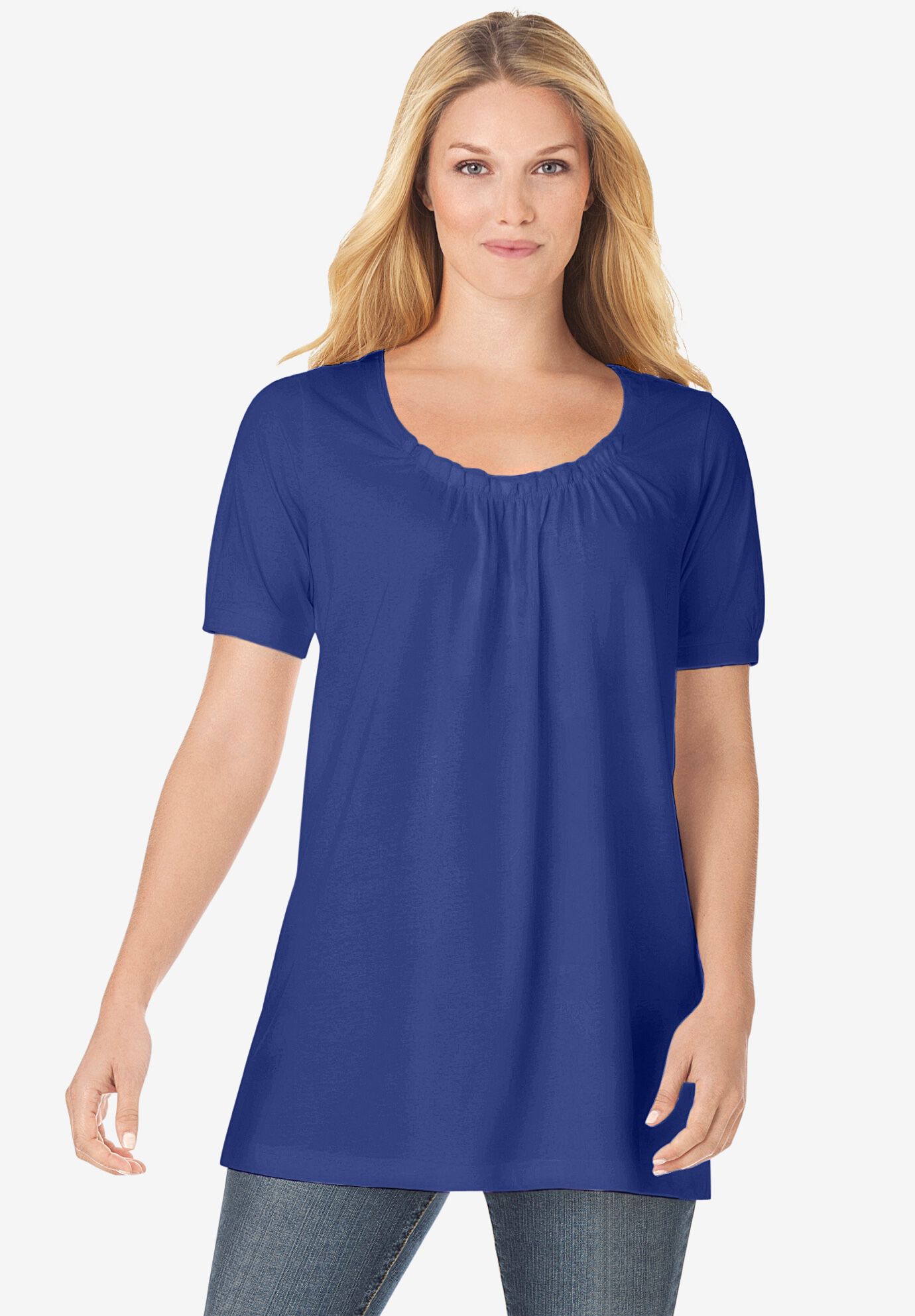 Shirred U-Neck Tunic - Short-Sleeve Perfect, White | Woman Within