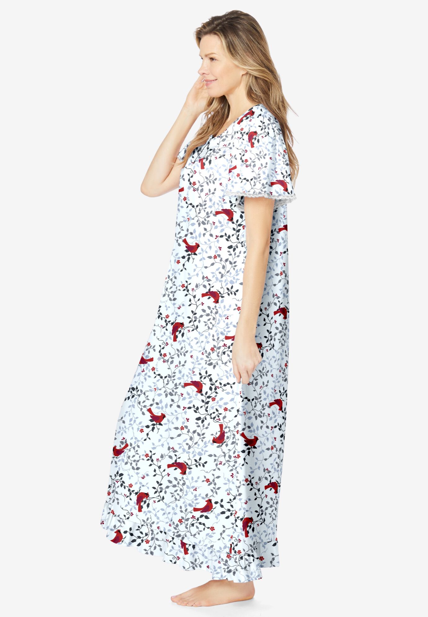 Long Ruffled Cotton Gown - Floral Print, Classic Red Cardinals | Woman ...