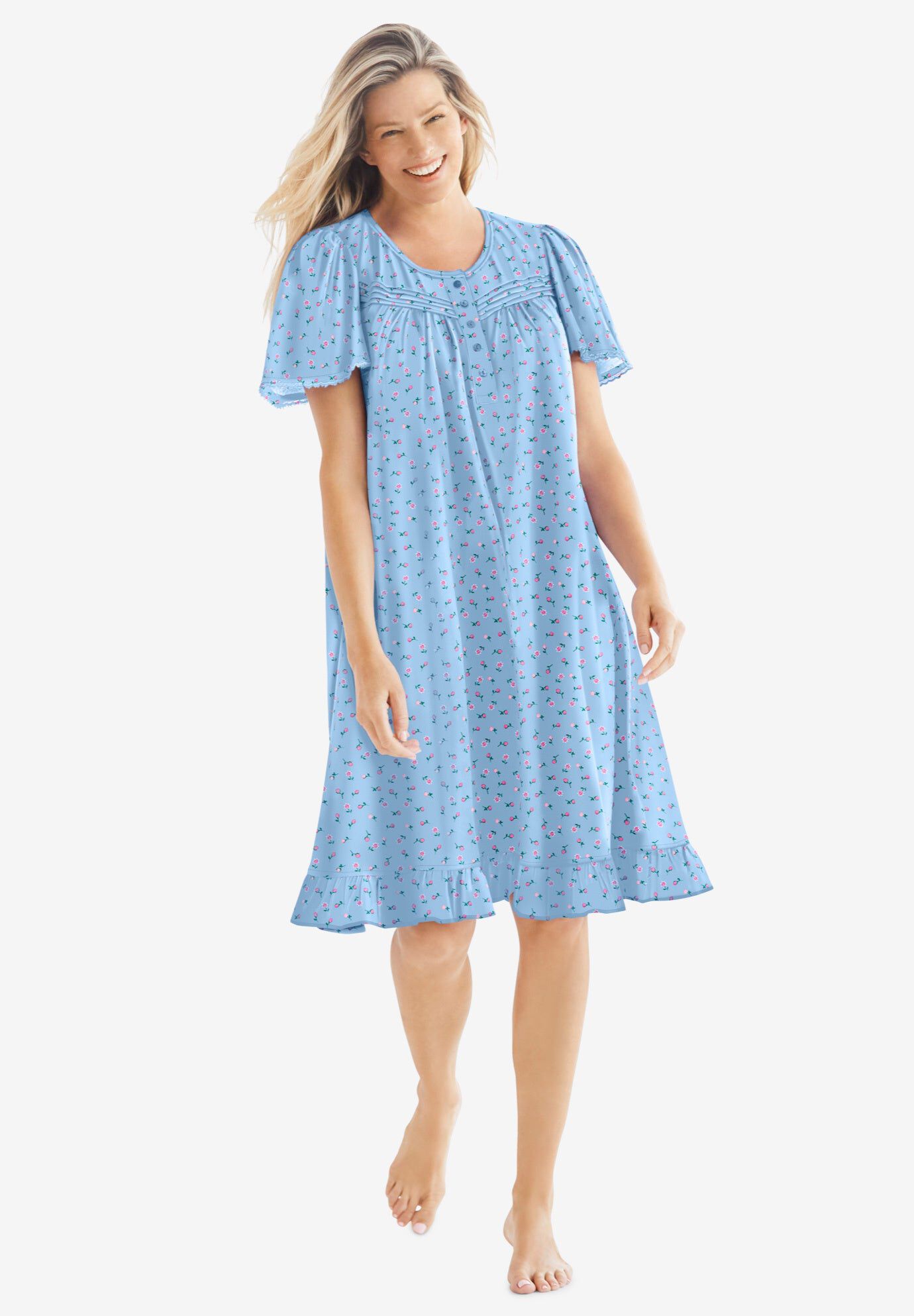 Floral Cotton Gown - Short Flutter Sleeve, Sky Blue Ditsy | Woman Within