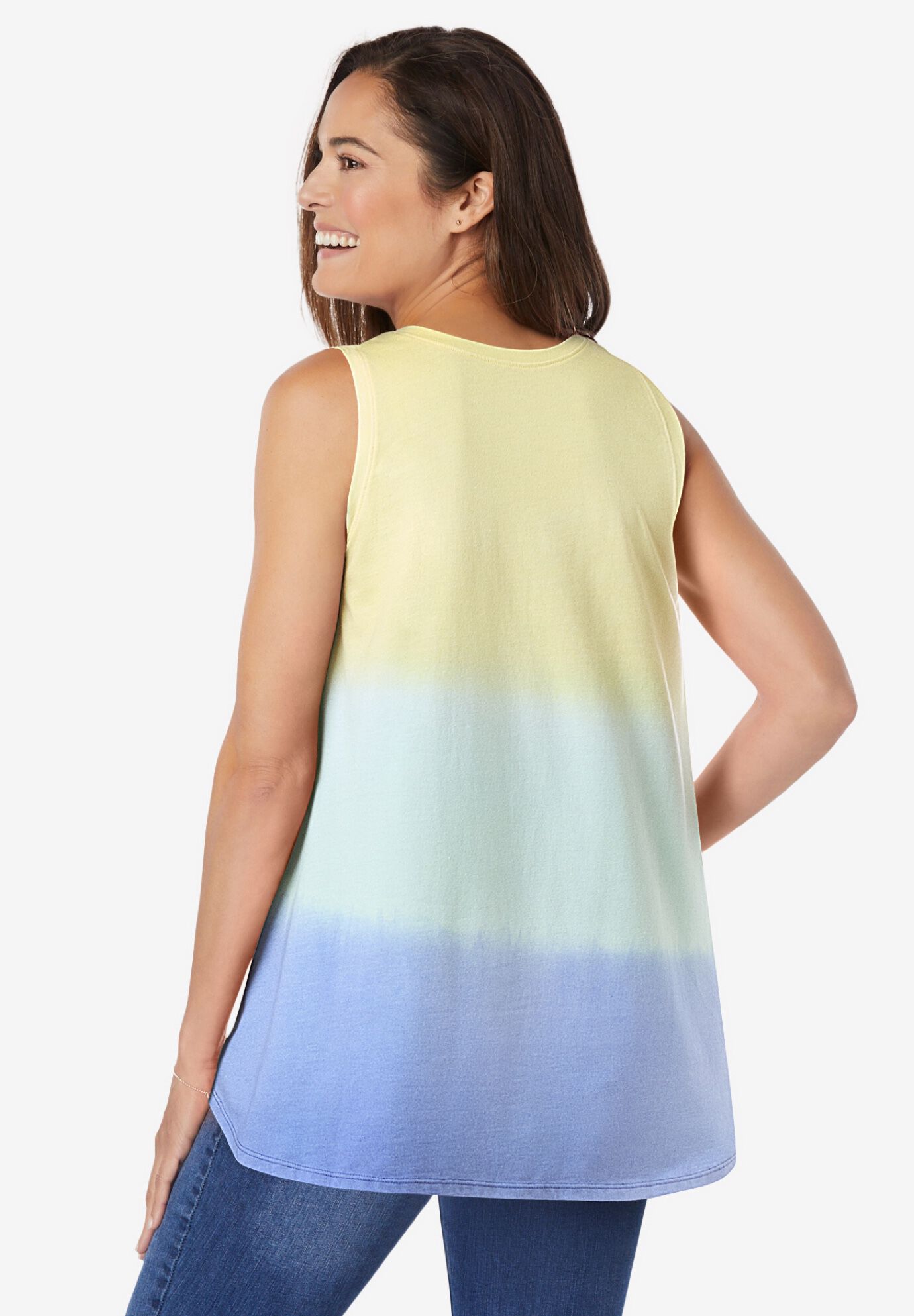 High-Low Tank Top with Tropical Motifs, Multi Dip Dye | Woman Within
