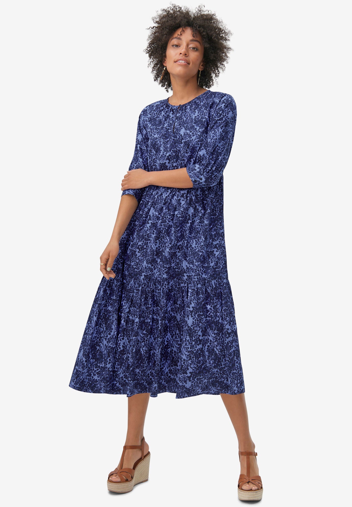 Tiered Cotton Midi Dress with Shirring, Blue Violet Print | Woman Within