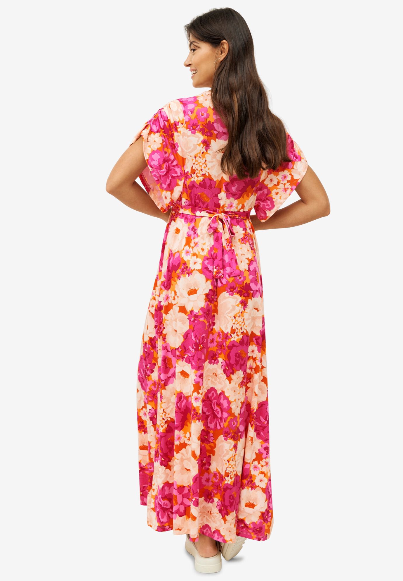 Knit Tie-Back Maxi Dress Fit & Flare 55", Pink Multi Floral | Woman Within