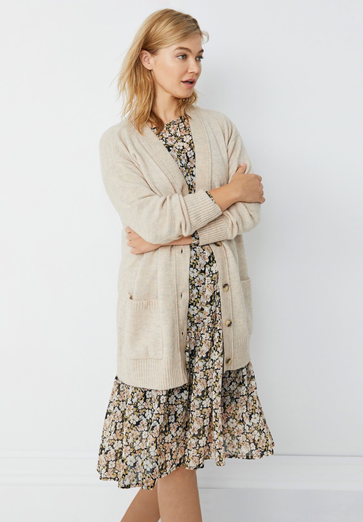 Sheer Overlay Tiered Dress with Blouson Sleeves, Black Ivory Floral ...