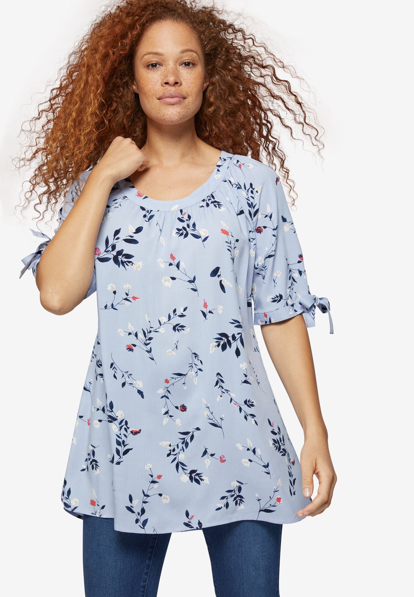 Tie-Sleeve Scoop Neck Tunic A-Line Style, Periwinkle Mist Floral ...