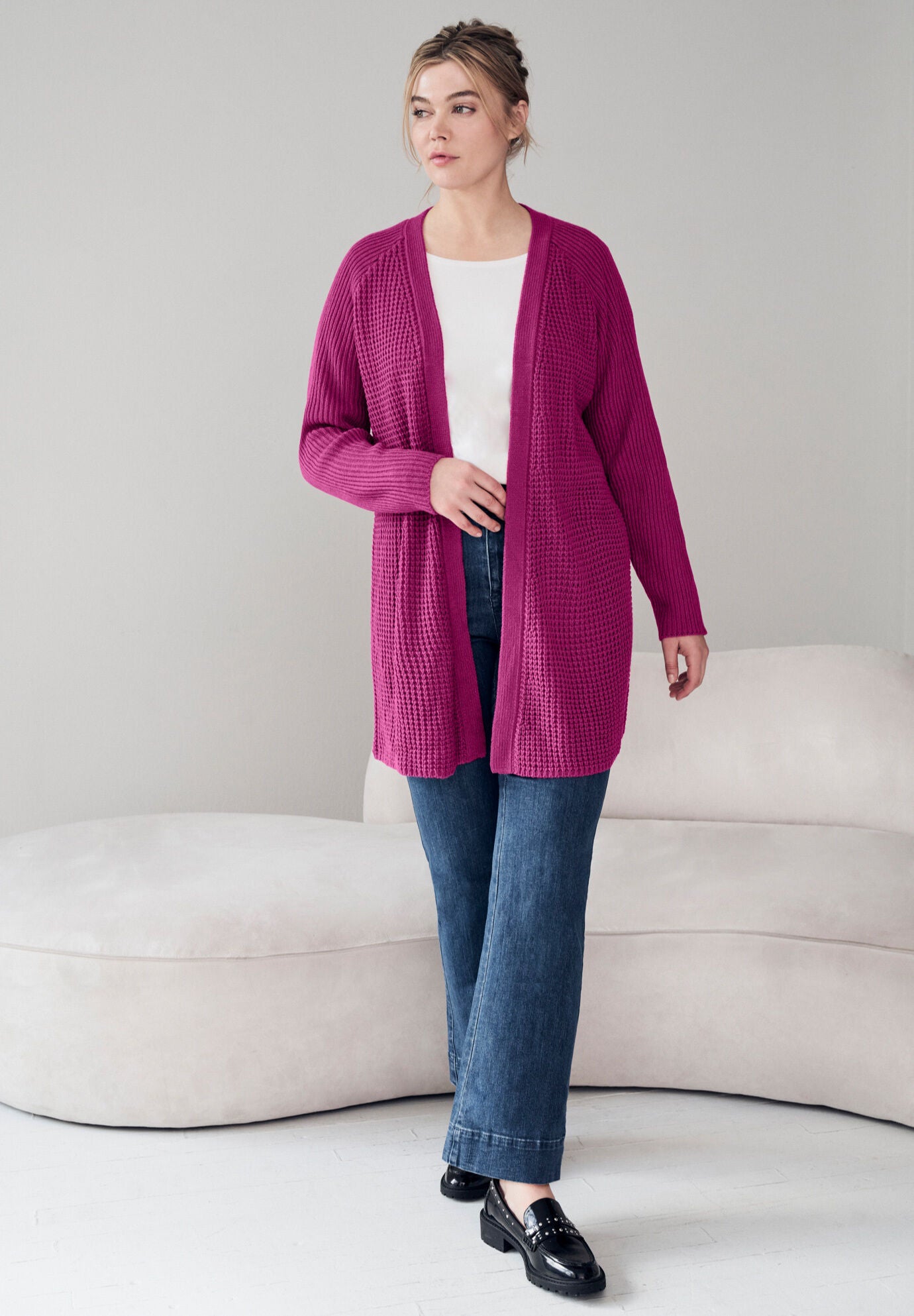 Waffle Knit Open Front Cardigan - All Sizes, Heather Charcoal | Woman ...