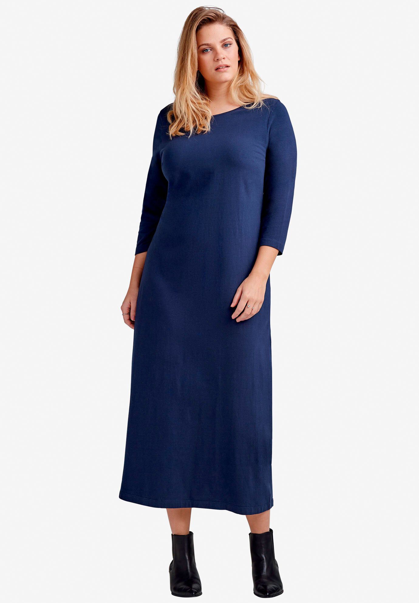 3/4 Sleeve Knit Maxi Dress - Perfect Casual, Navy | Woman Within
