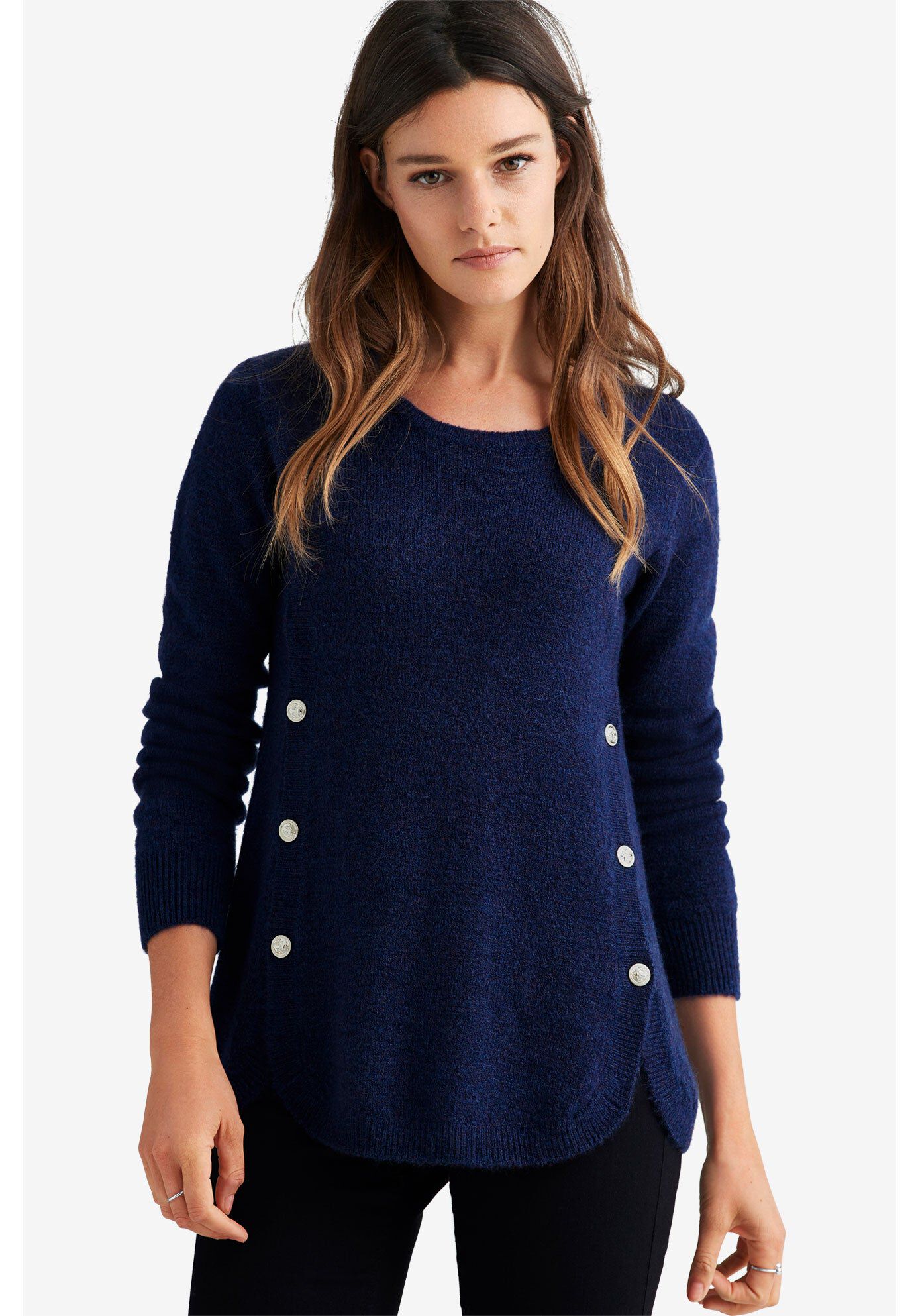 Button Trim Pullover Sweater - A-Line Ribbed, Marine Blue | Woman Within
