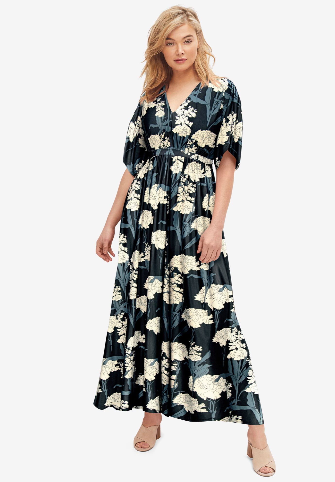Knit Tie-Back Maxi Dress Fit & Flare 55", Black Ivory Floral | Woman Within