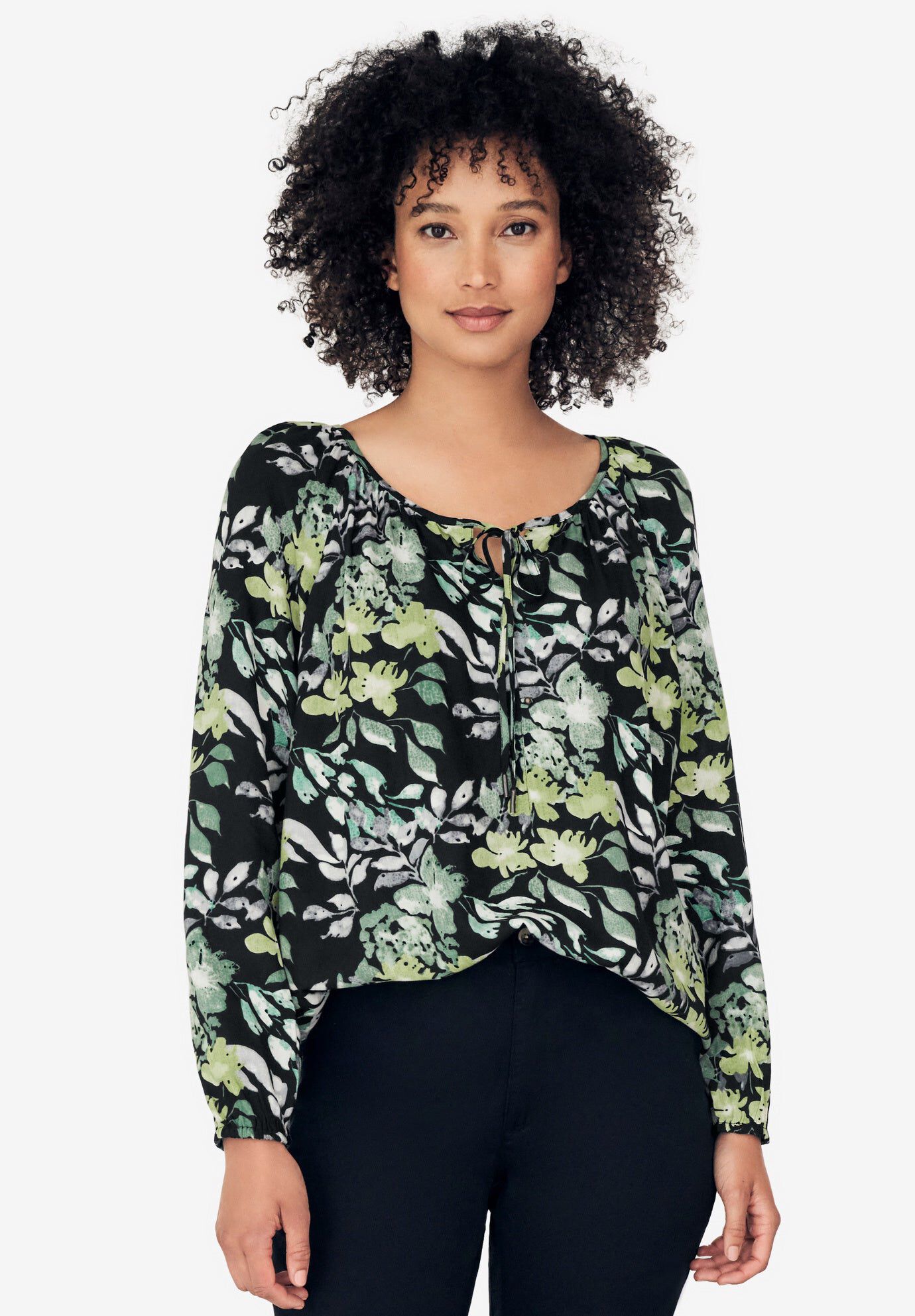 Peasant Tunic with Tie Neck Raglan Sleeves, Black Rose Print | Woman Within