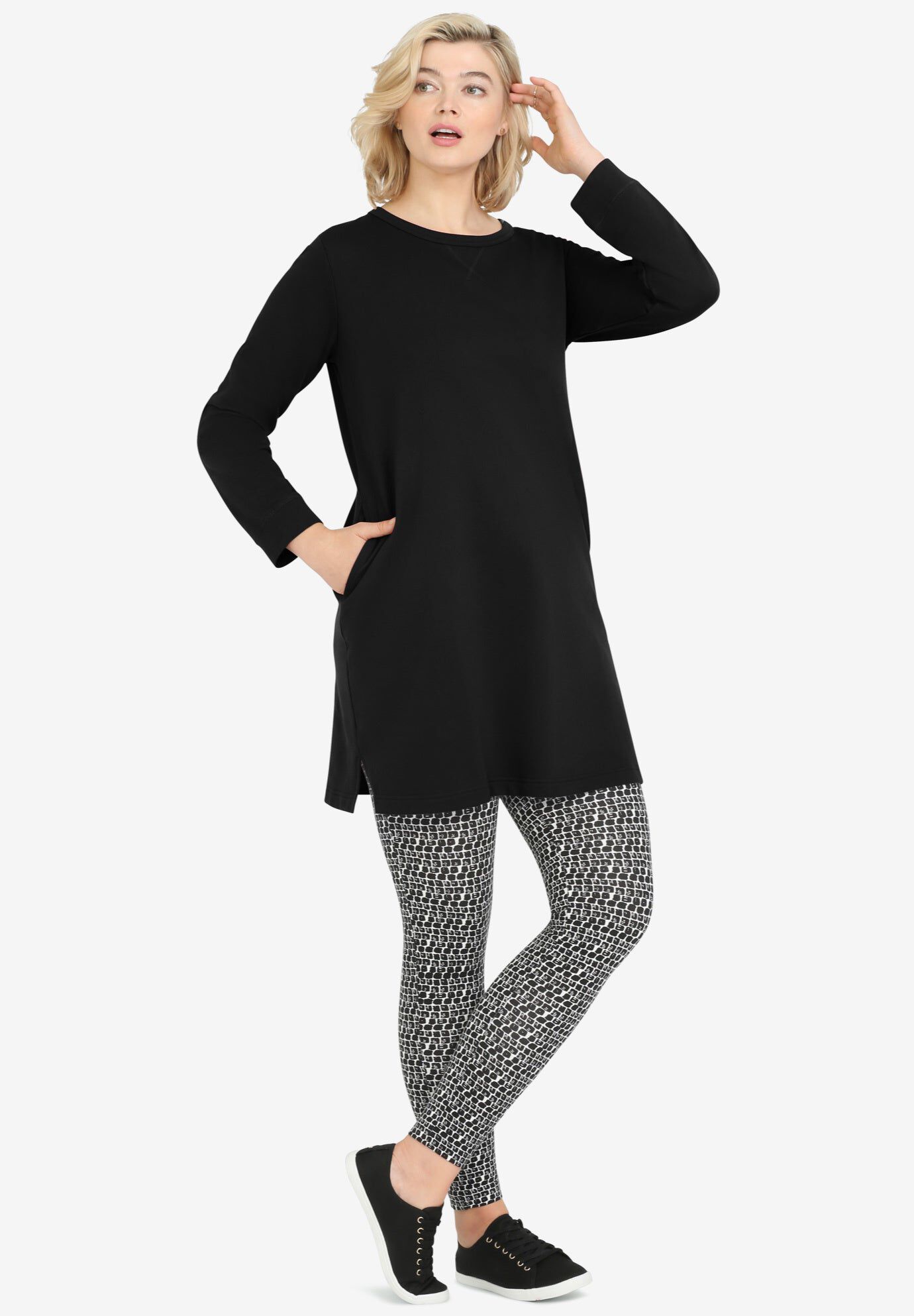 French Terry Tunic Dress with Pockets, Black | Woman Within