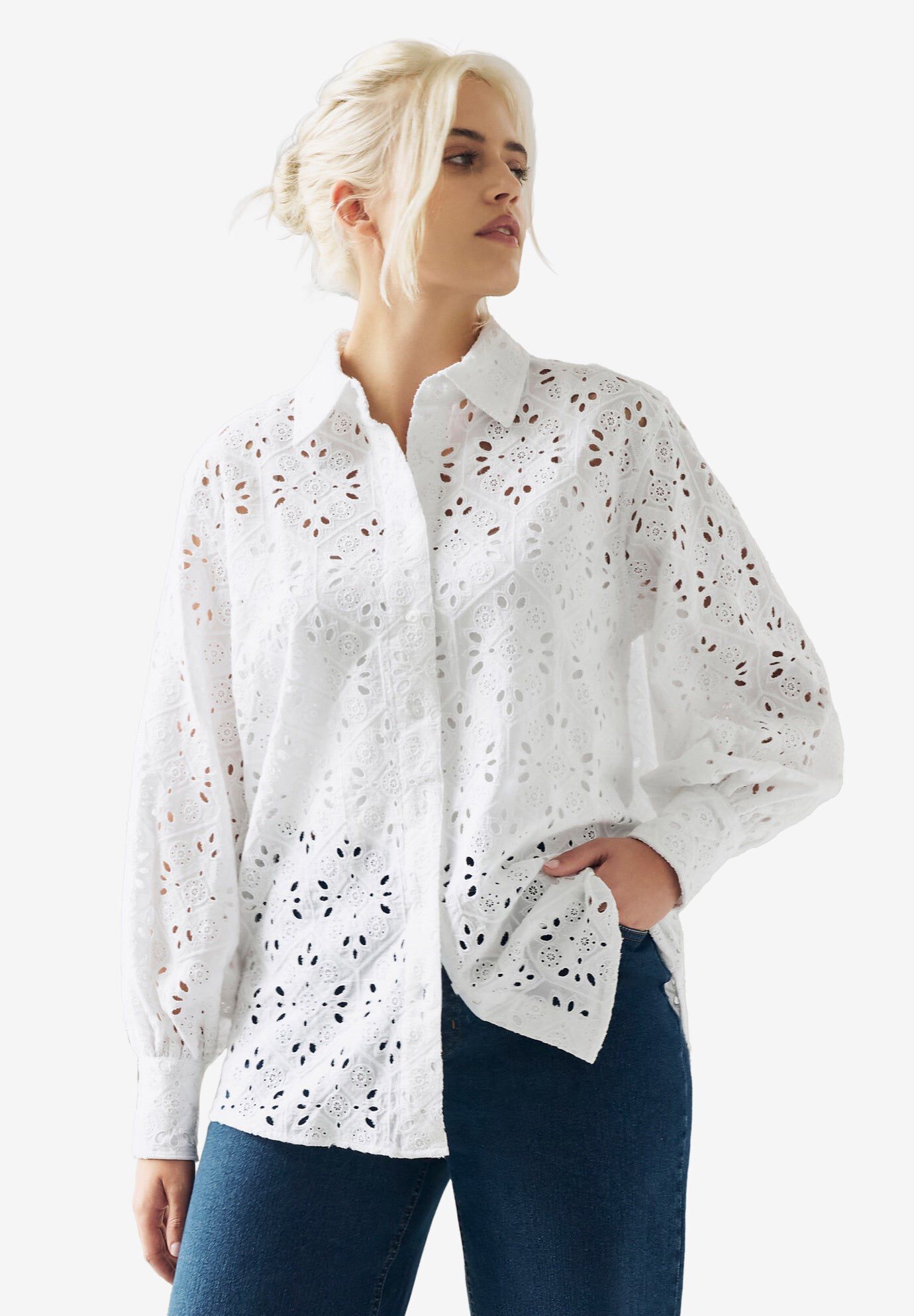Plus Size Button Front Eyelet Shirt, White | Woman Within