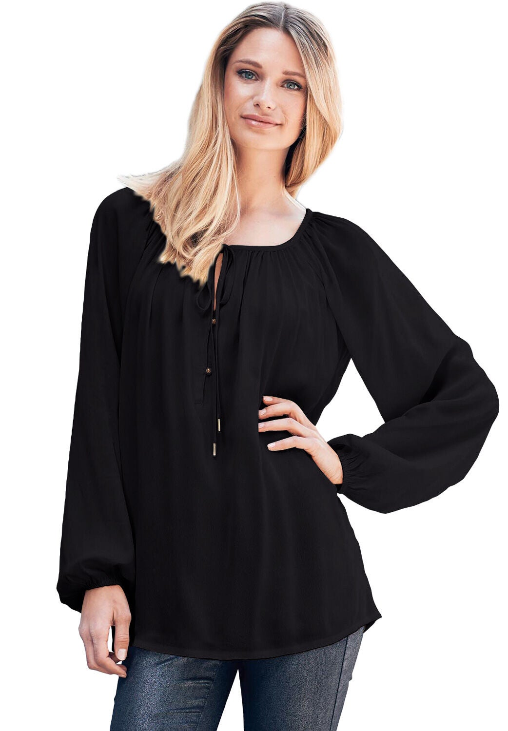Peasant Tunic with Tie Neck Raglan Sleeves, Black | Woman Within